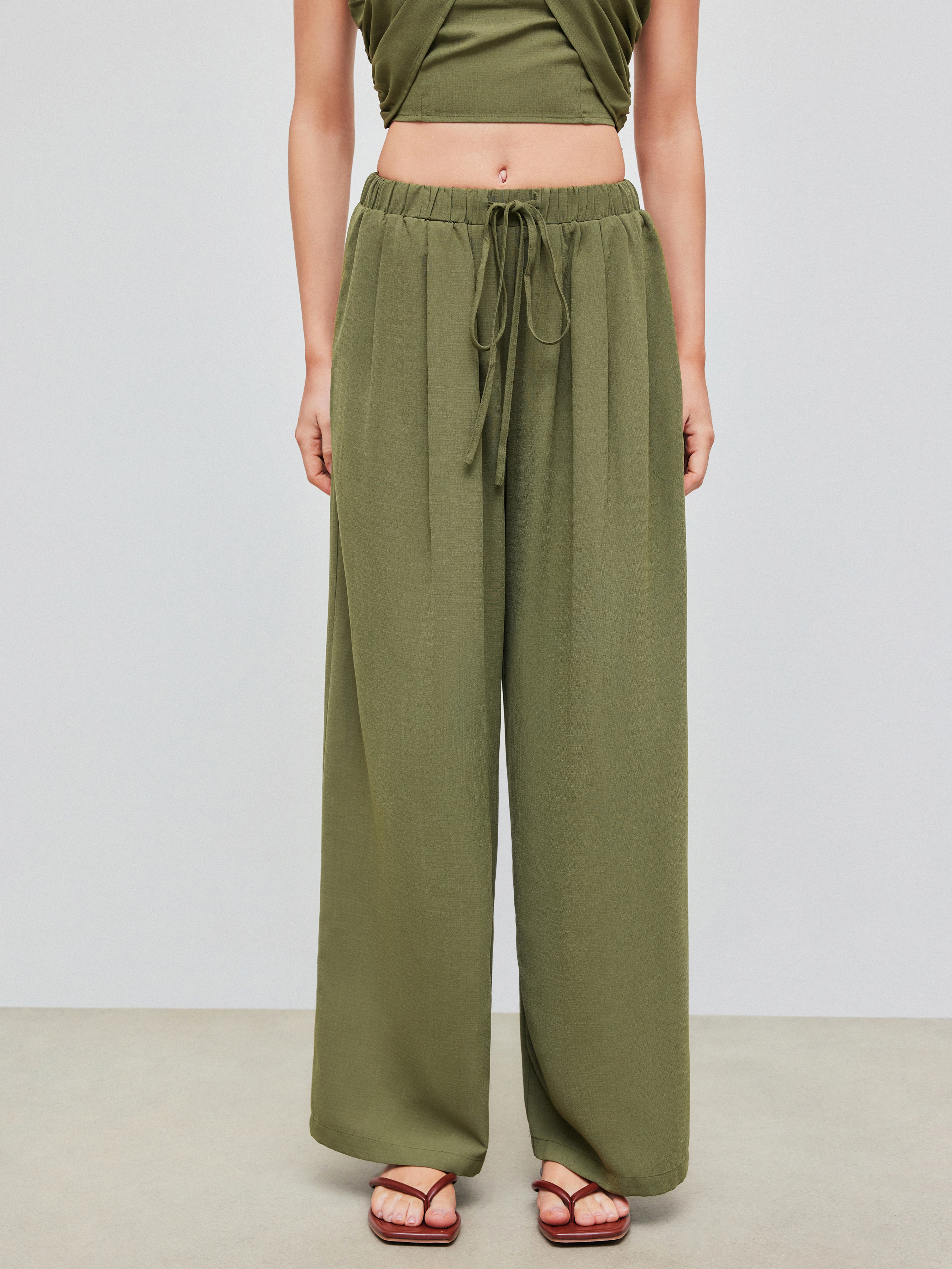 Woven Elastic Waist Wide Leg Trousers For Daily Casual Woven Elastic Waist Wide Leg Trousers For Daily Casual