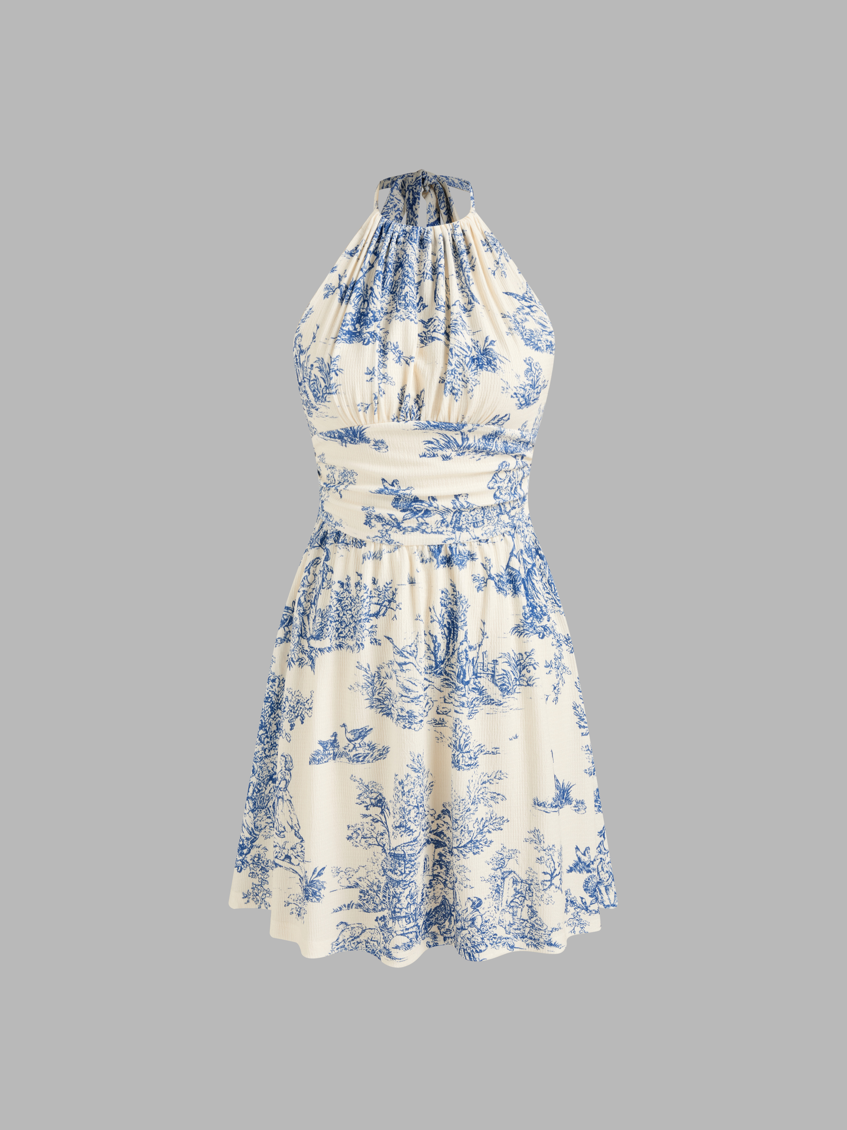 Knit Fabric Halter Neckline Toile de Jouy Mini Dress For Vacation