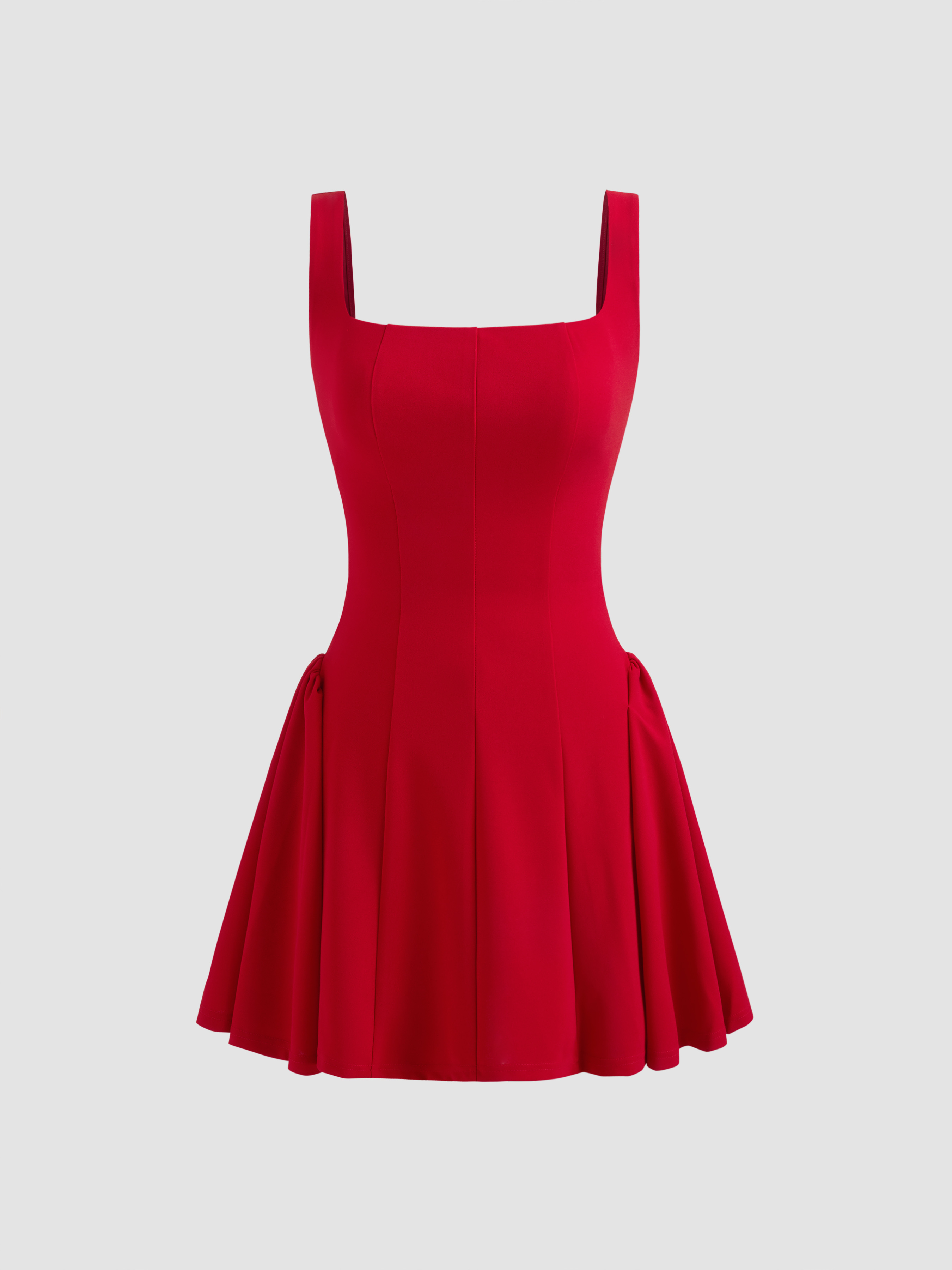 Woven Square Neck Solid Pleated Mini Dress For Date