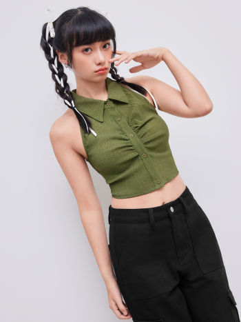 Knit Fabric Solid Texture Collar Crop Top For Vacation