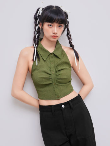 Knit Fabric Solid Texture Collar Crop Top For Vacation