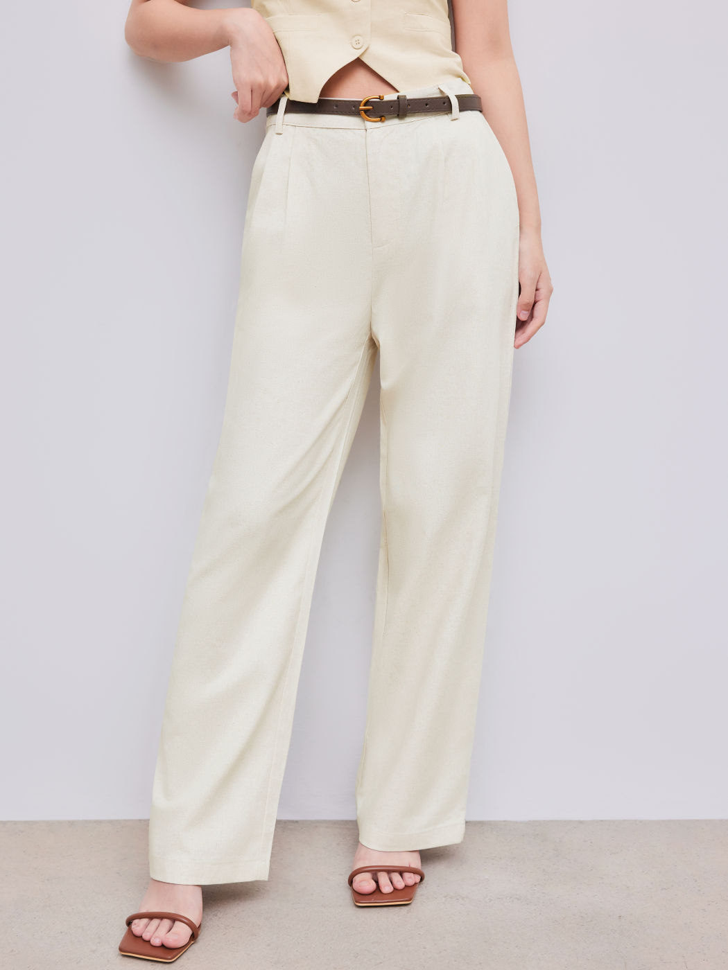 Wide Leg Pants Woven Linen-Blend Solid Wide Leg Pants With Belt For ...