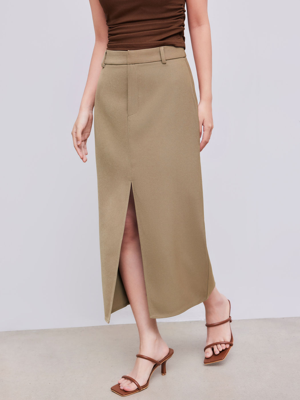 Office Siren Long Skirts Woven Solid High Waist Split Maxi Skirt For ...