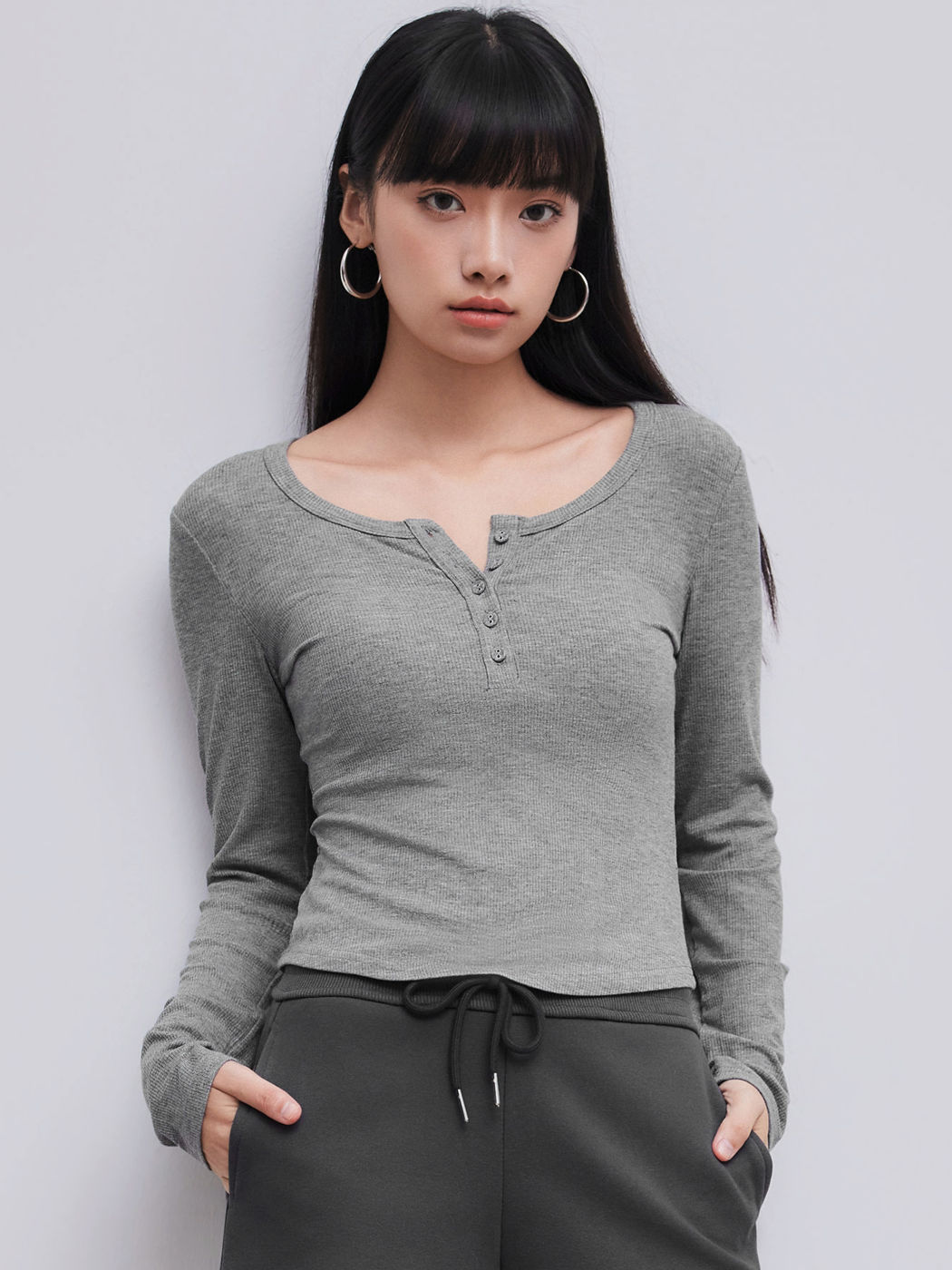 Knit Fabric Solid Rib V-neck Long Sleeve Tee For Daily Casual