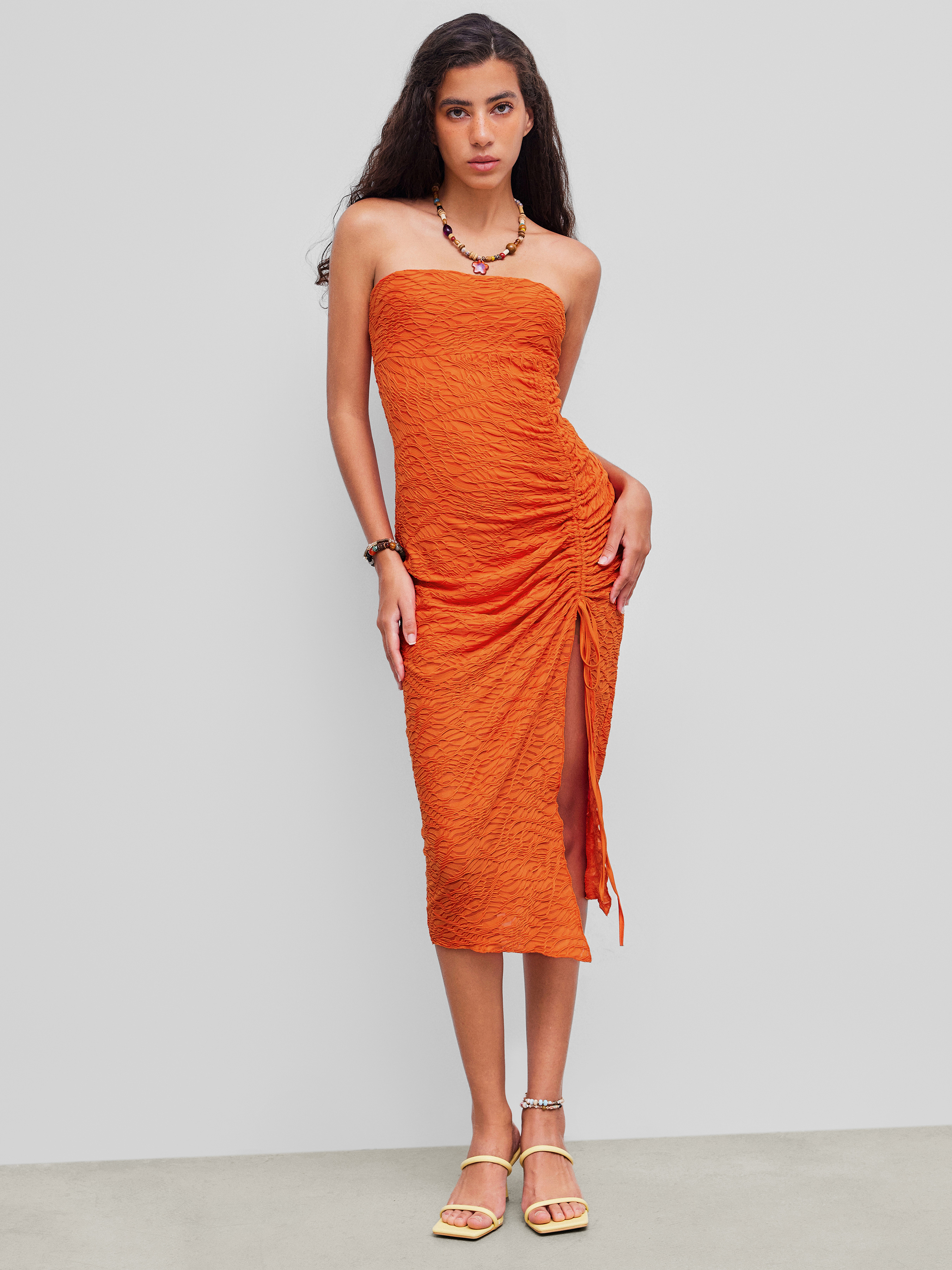 Knit Fabric Tube Solid Texture Drawstring Split Midi Dress For Vacation
