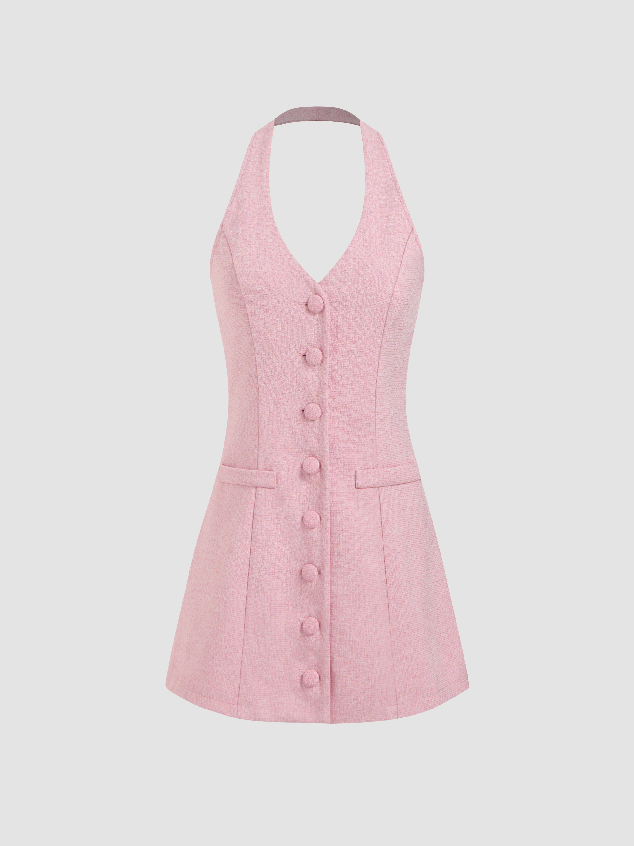 Woven V-neck Solid Button Mini Dress For Date