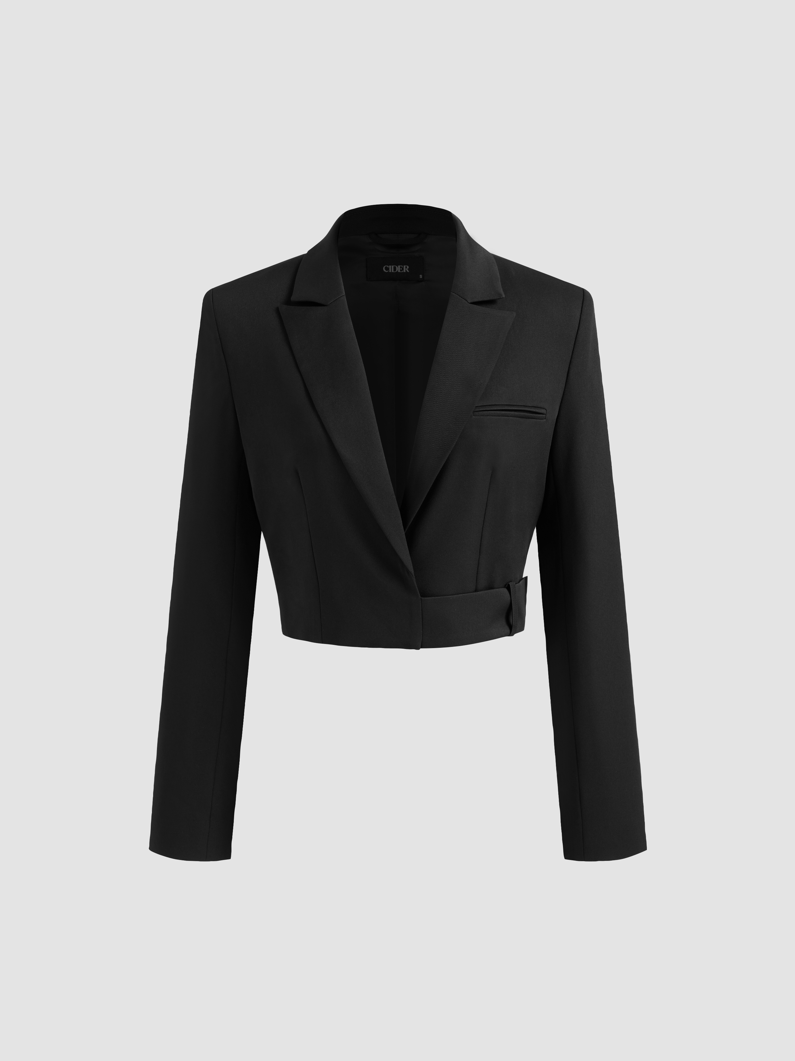 Woven Collar Solid Belted Crop Blazer For Work
