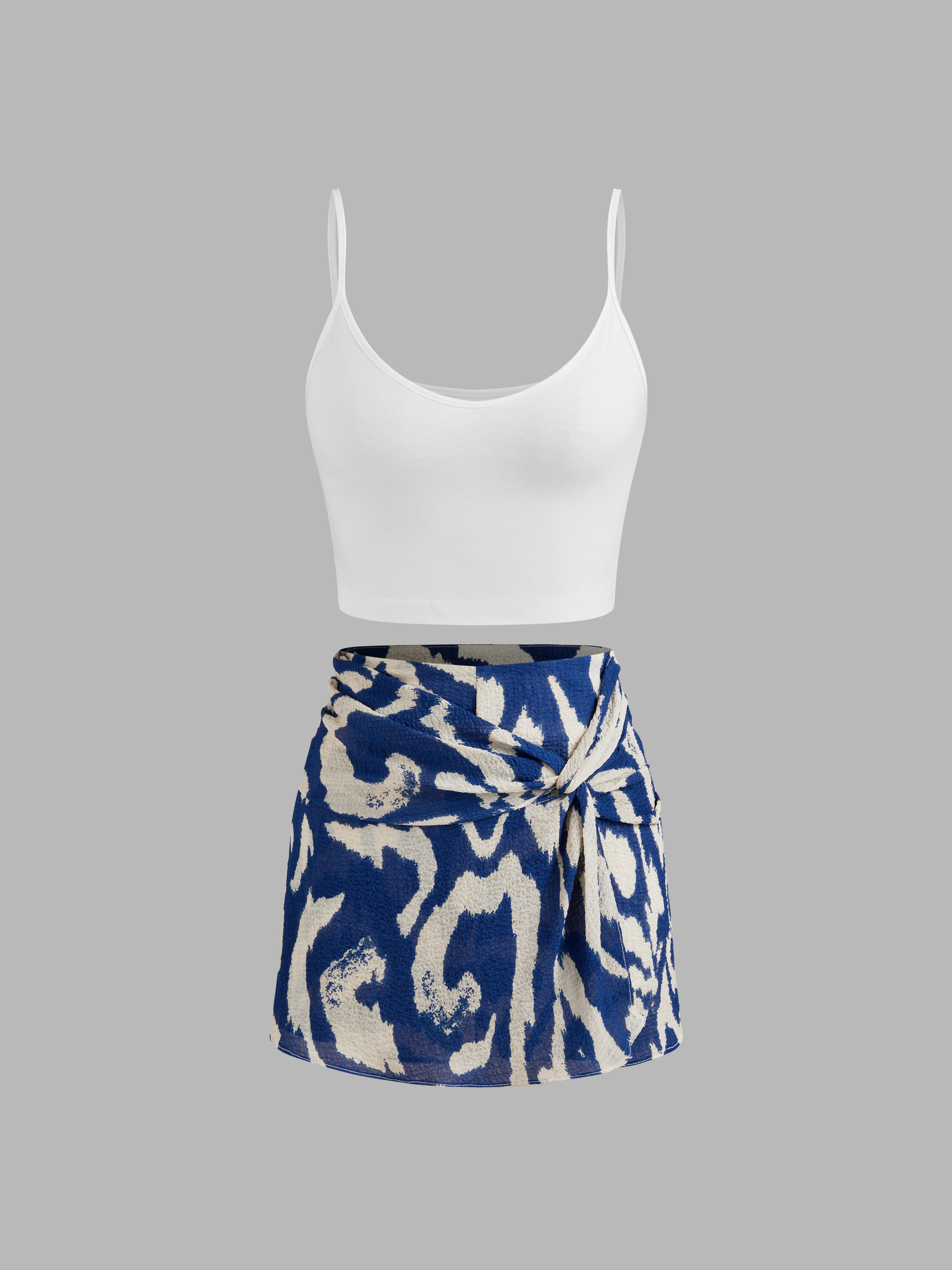 Woven Round Neckline Solid Crop Cami Top With Mid Rise Abstract Knotted Mini Skort For Daily Casual