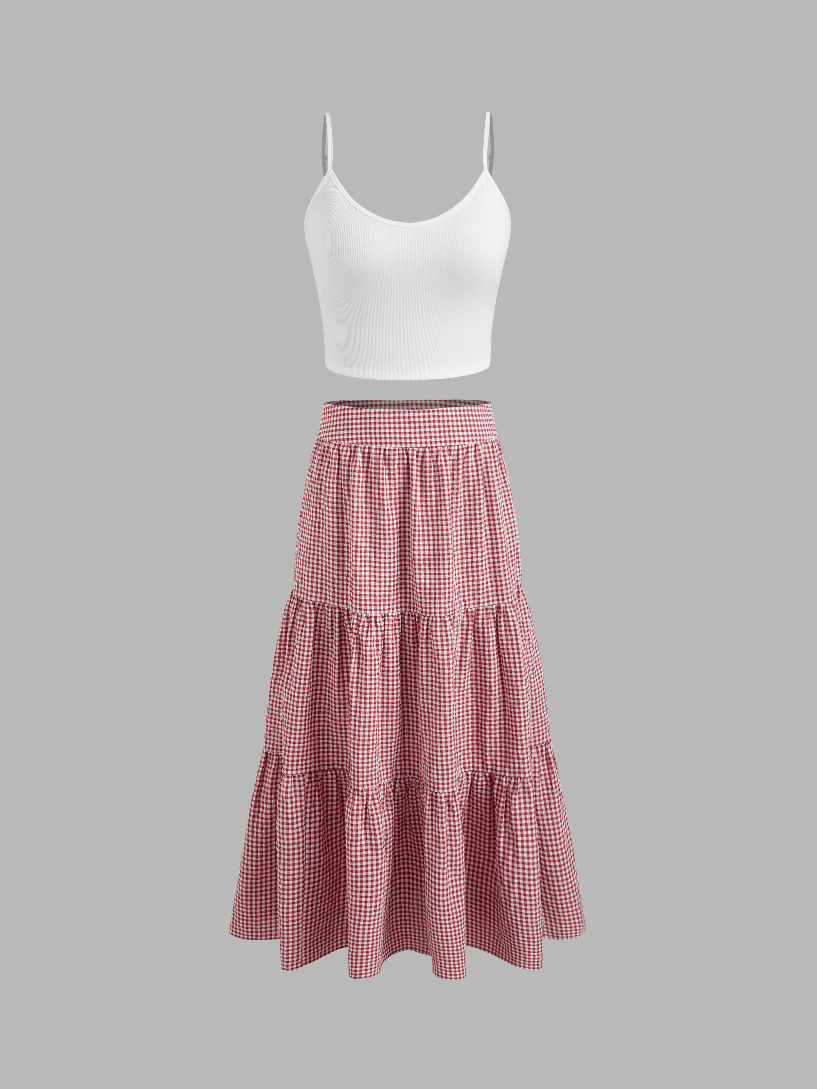 Woven Round Neckline Solid Crop Cami Top With Mid Rise Gingham Tiered ...
