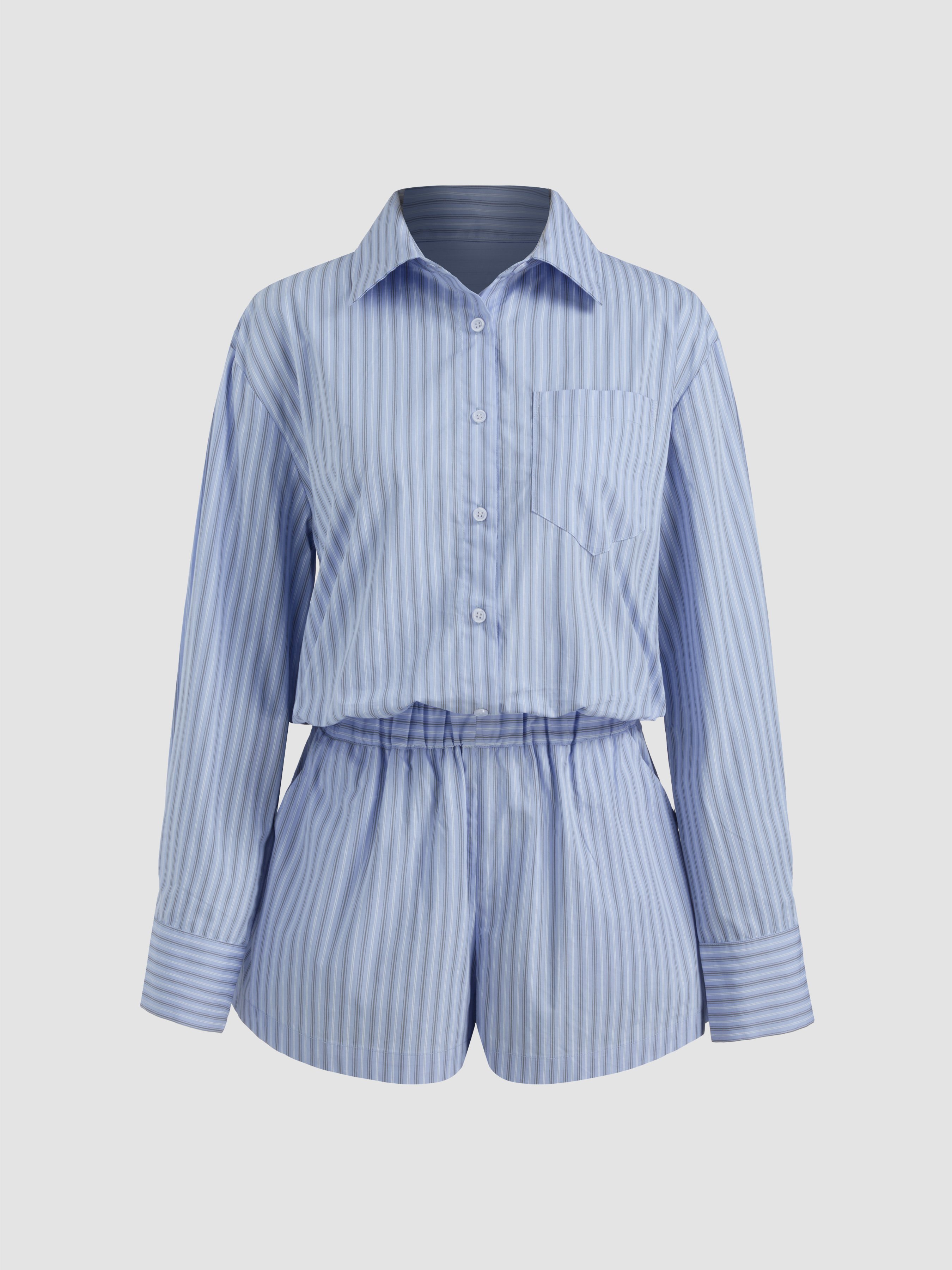Woven Cotton 100% Cotton Collar Striped Micro Romper For Work