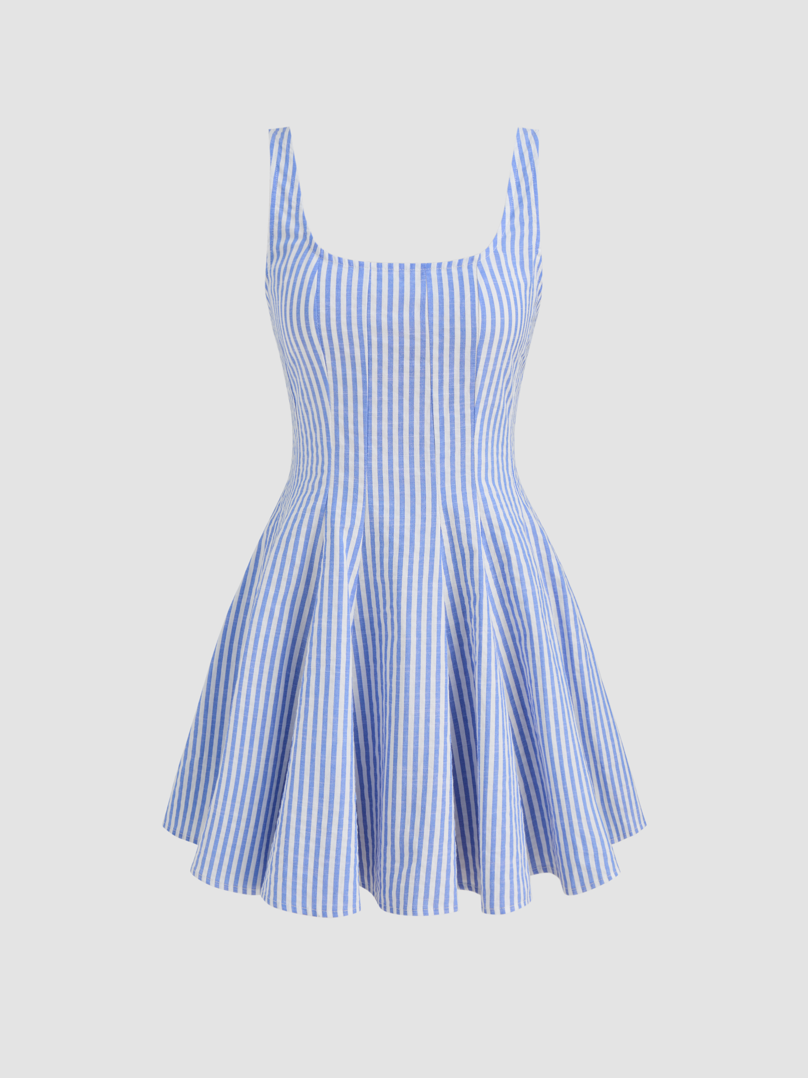 Woven Cotton-blend Square Neck Striped Ruffle Mini Dress For Work