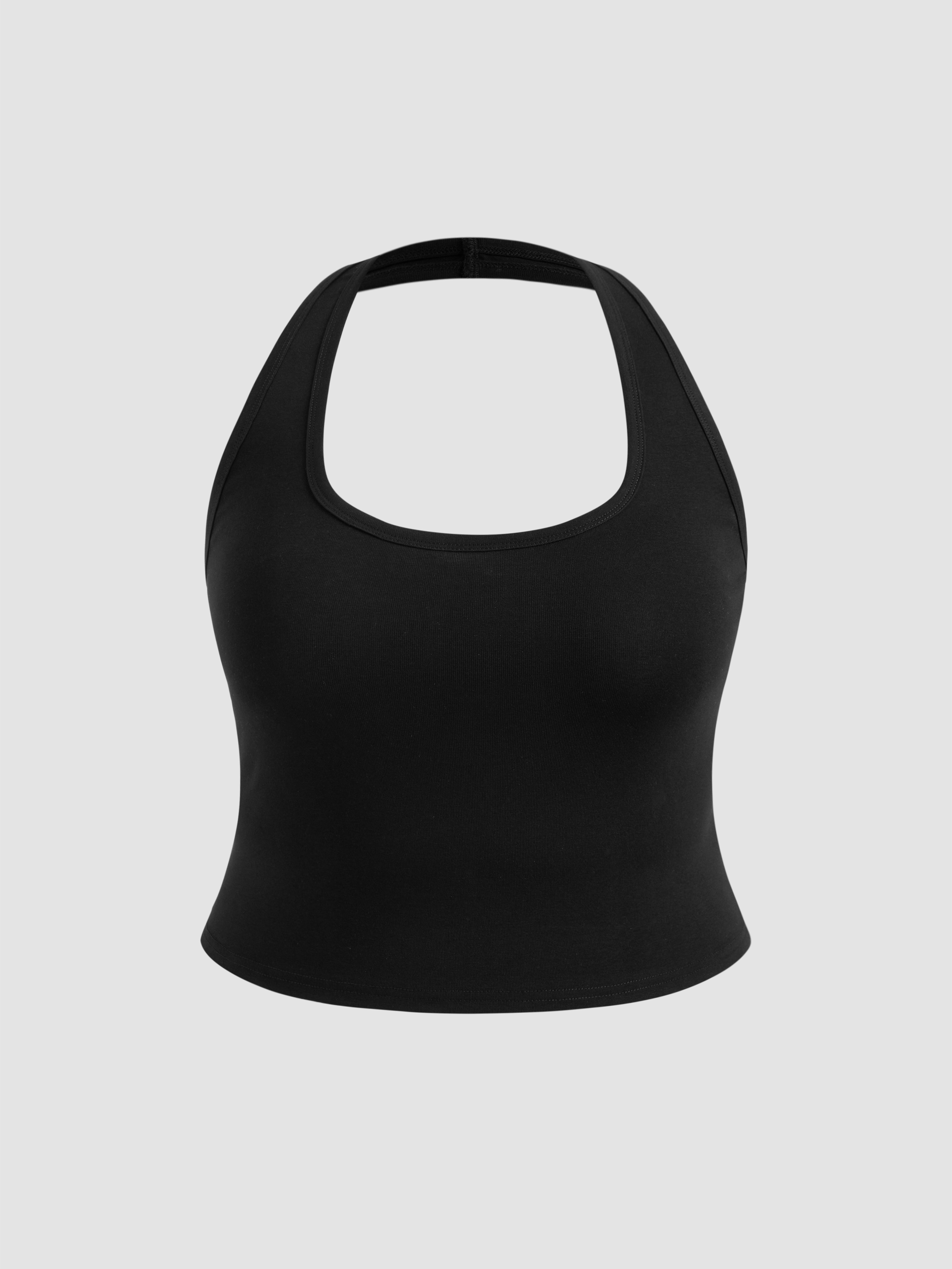 Knit Fabric Cotton Cotton-blend Halter Neckline Solid Top Curve & Plus For Daily Casual