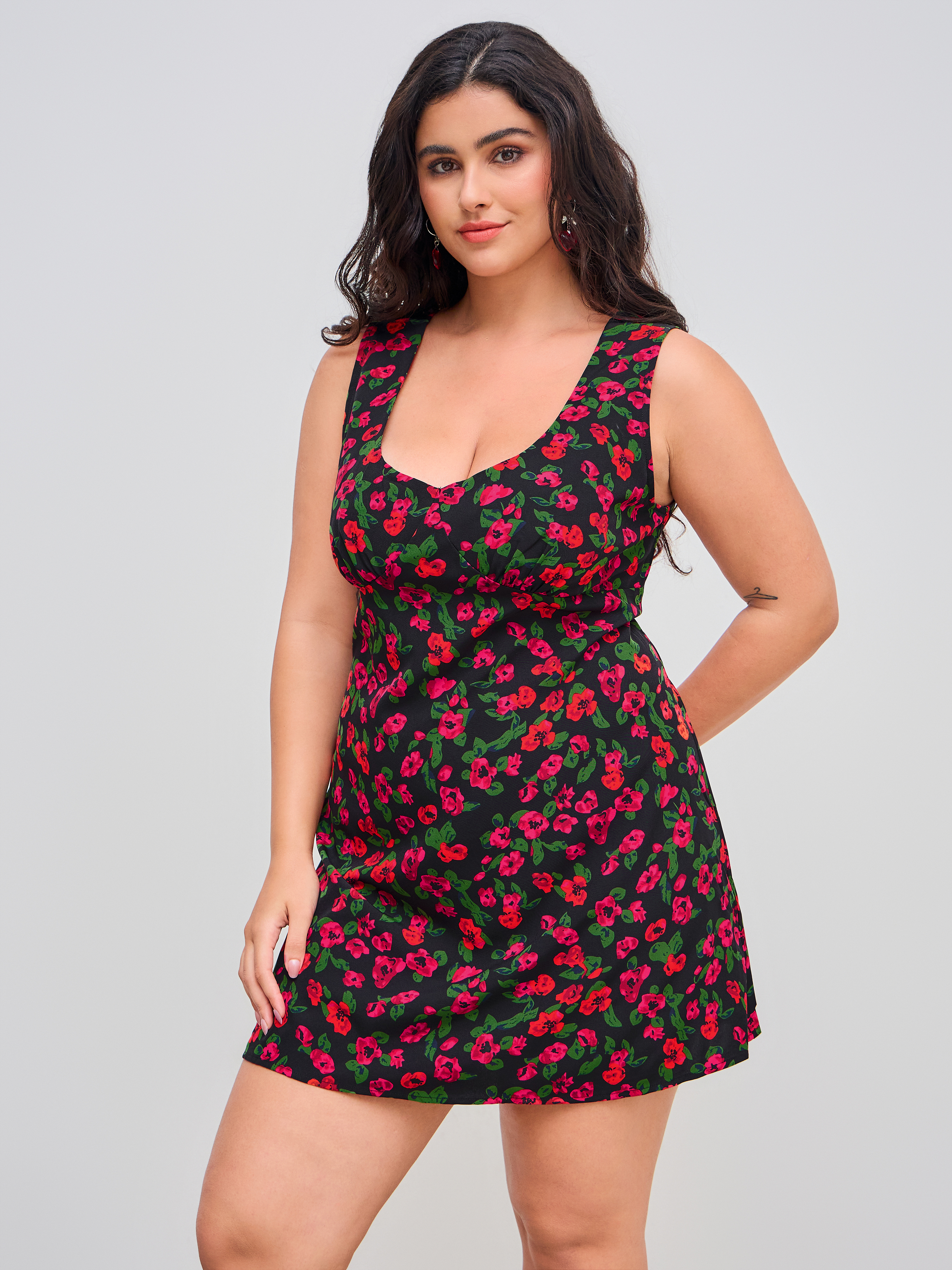 Woven Woven V-neck Floral Mini Dress Curve & Plus For Vacation