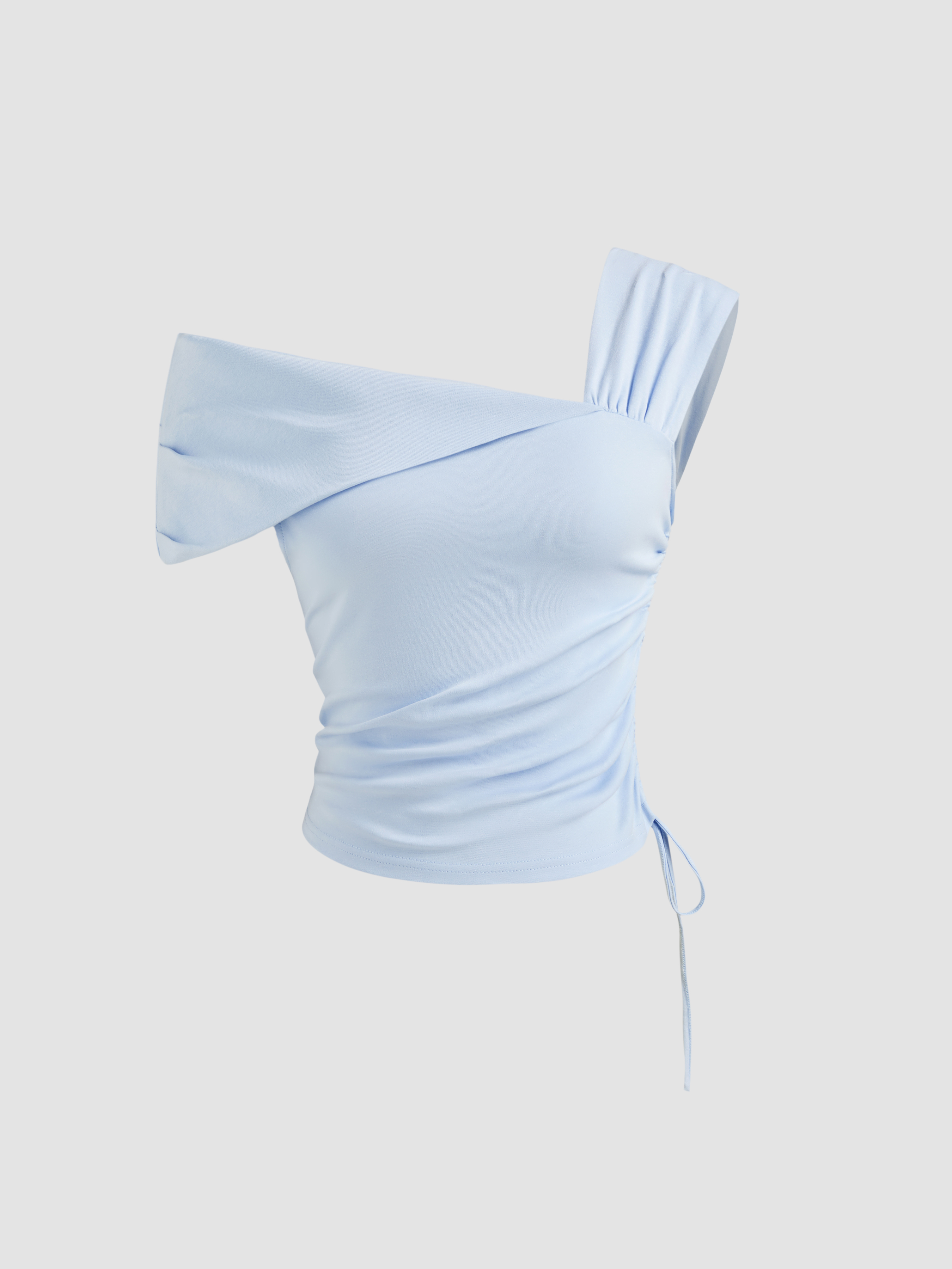 Knit Fabric Cotton-blend Asymmetrical Neck Solid Drawstring Ruched Short Sleeve Tee For Daily Casual