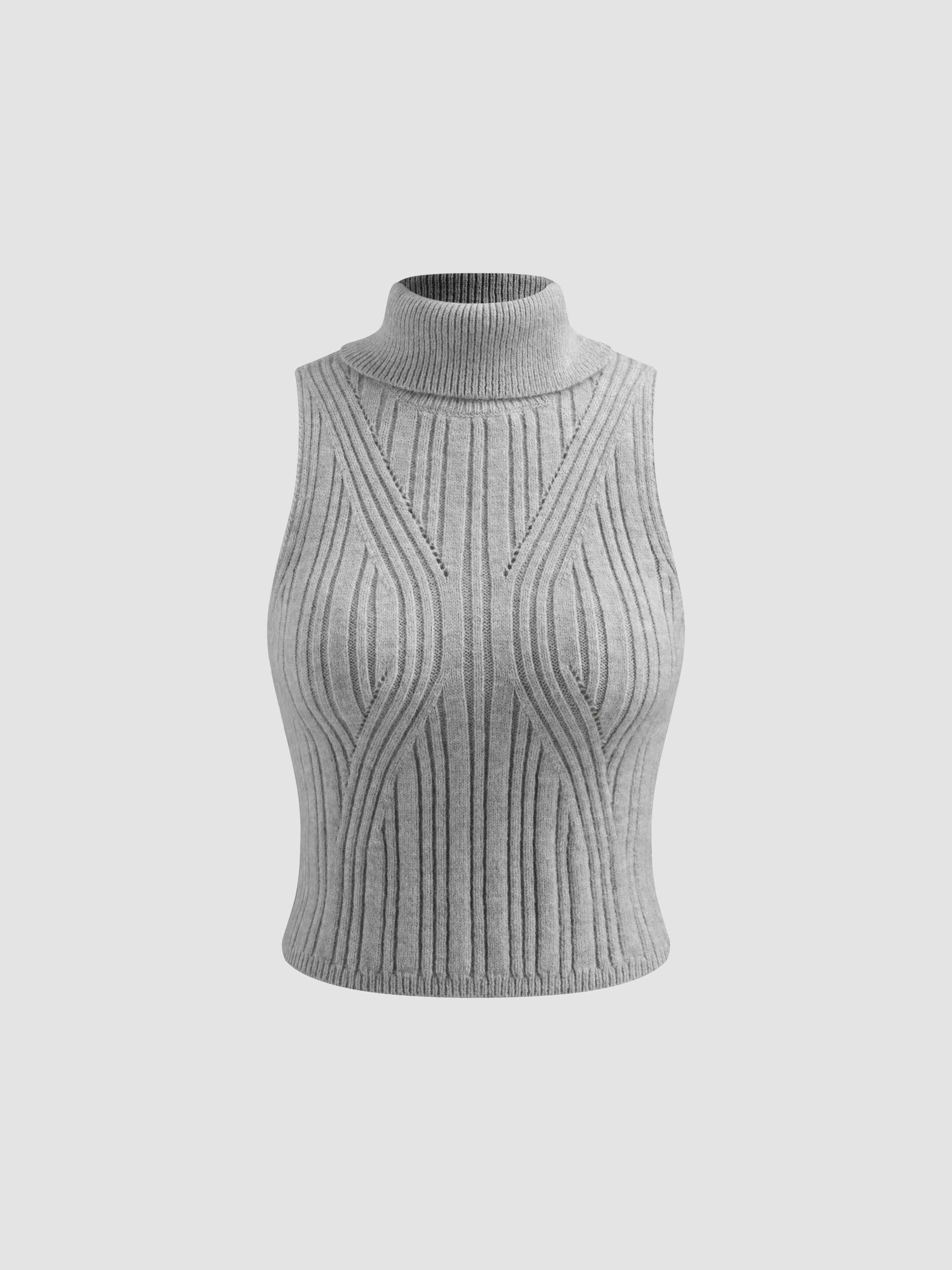 Knit Fabric Knit High Neck Solid Texture Crop Tank Top For Date