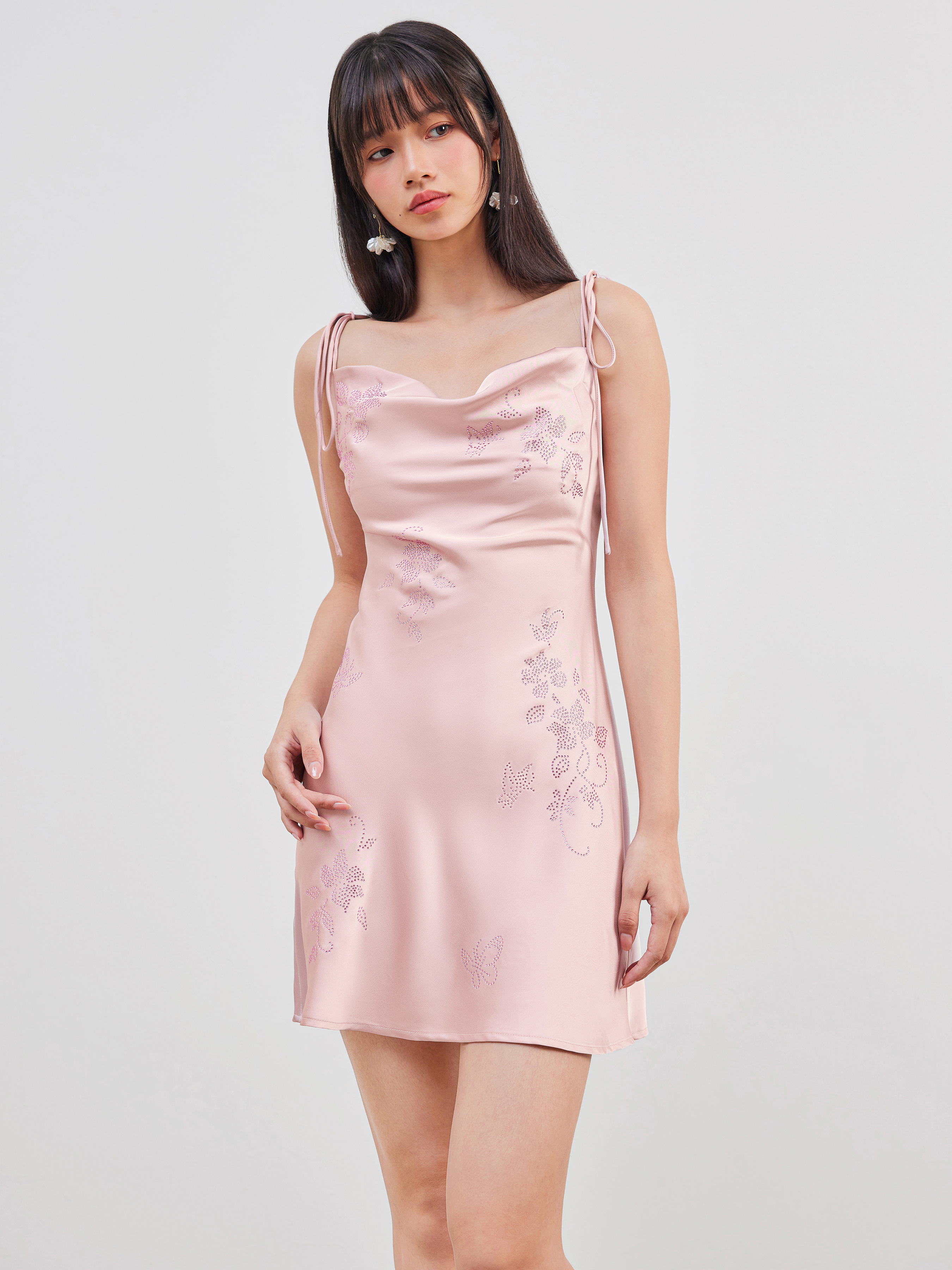 Hoco Dress Homecoming Dress Satin Satin Cowl Neck Floral Rhinestone Mini Dress For Date