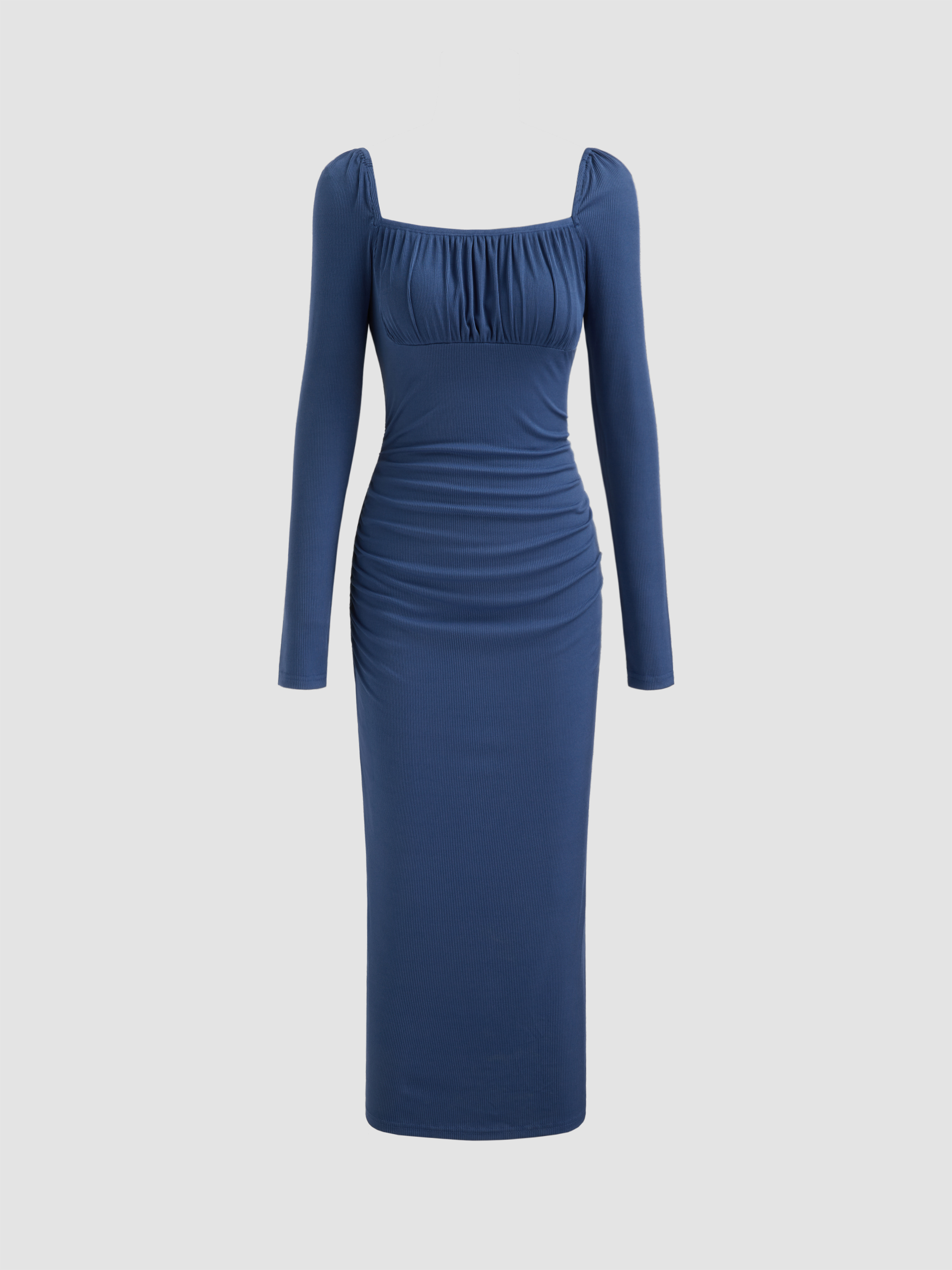 Knit Fabric Square Neck Solid Ruched Maxi Dress For Date Wedding