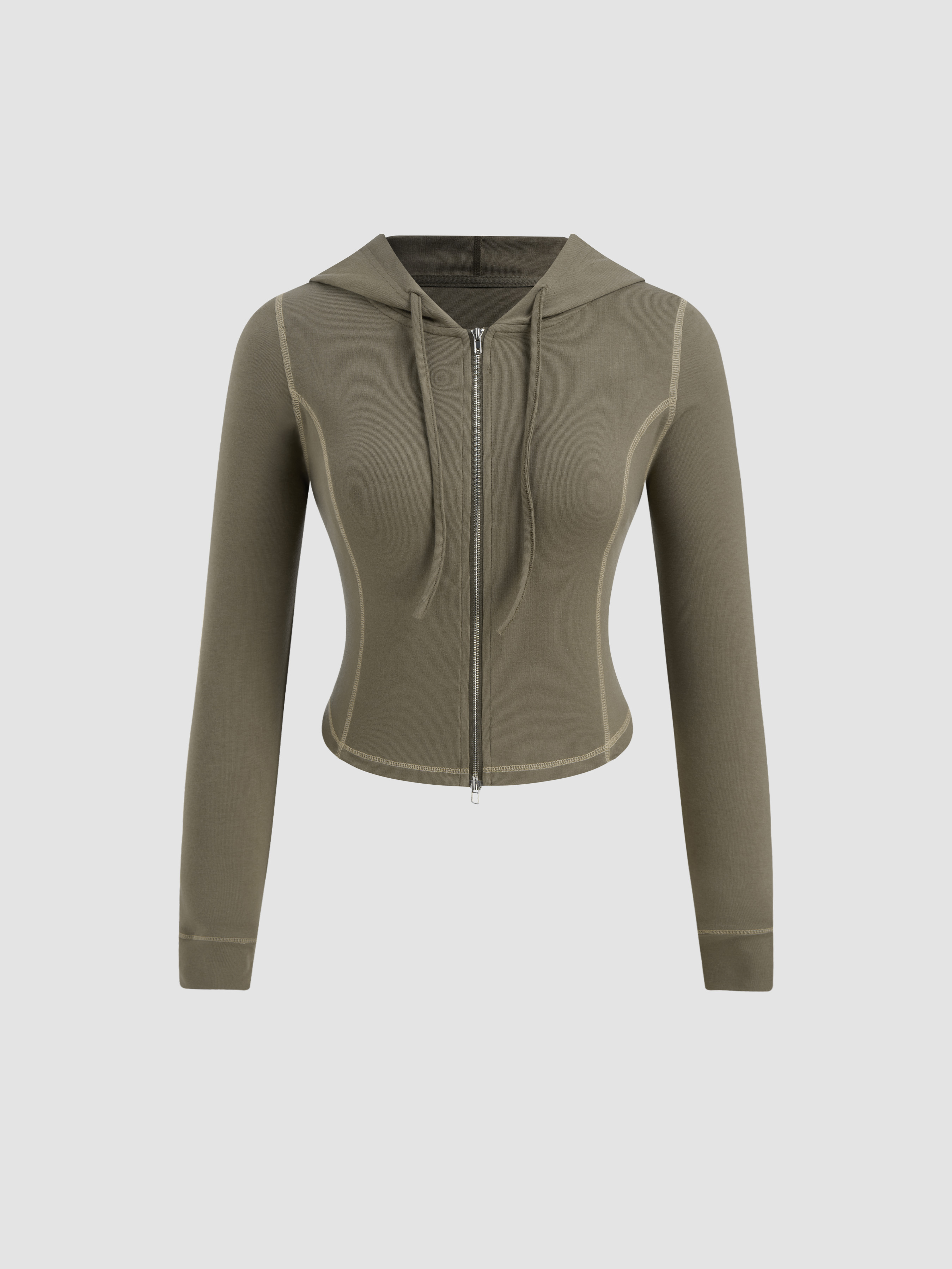 Knit Fabric Cotton-blend Solid Contrasting Binding Stitch Zipper Hoodie For Daily Casual