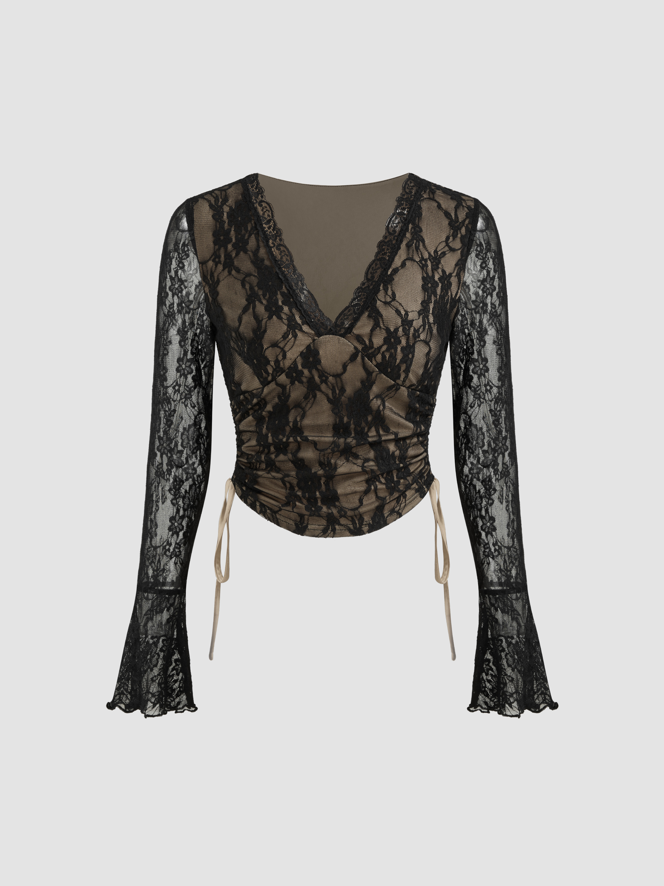 Lace Lace V-neck Drawstring Bell Sleeve Top For Date Holiday