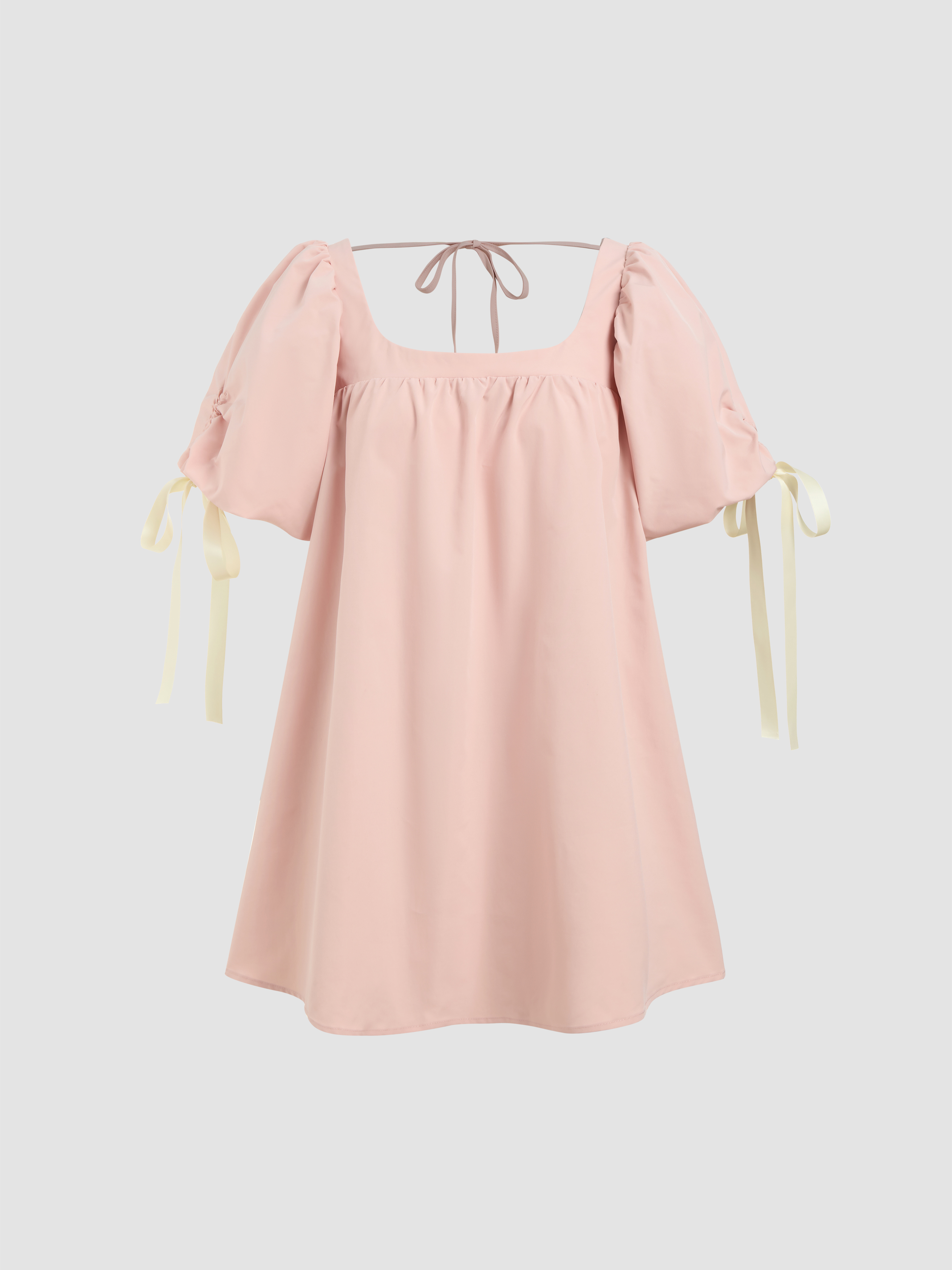 Woven Square Neck Solid Knotted Bubble Sleeve Mini Dress For Date