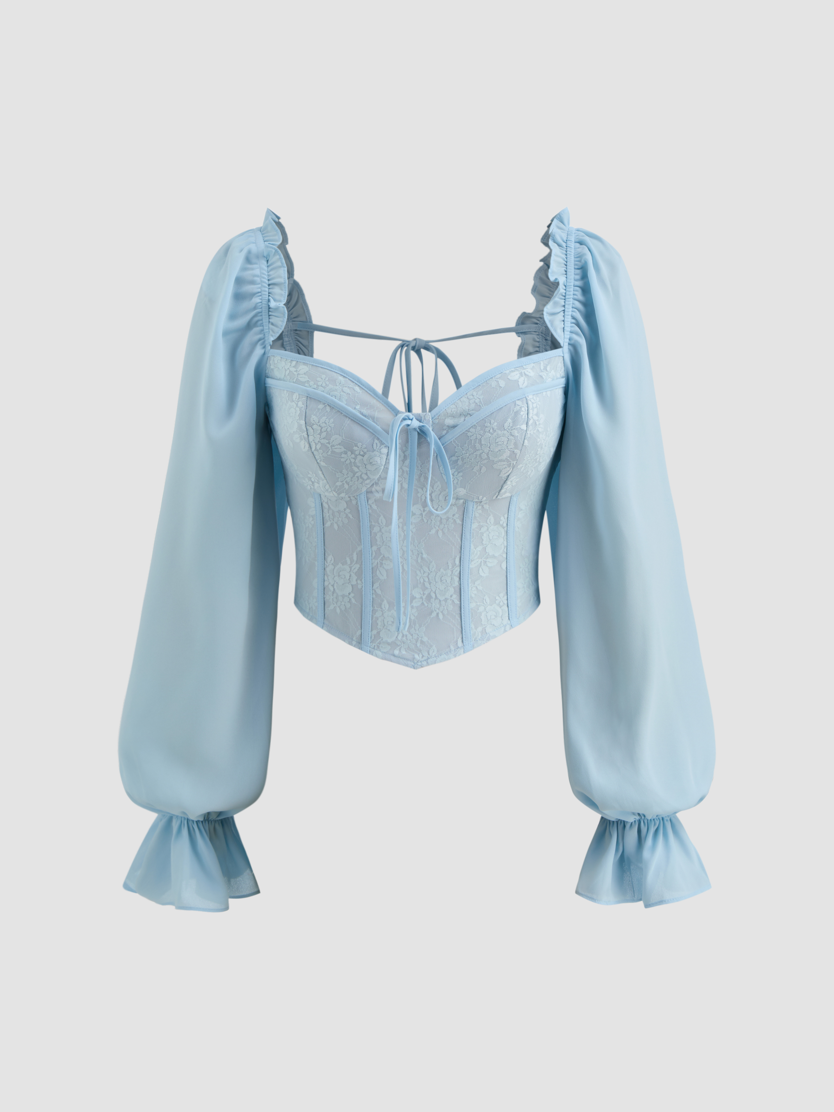 Woven Sweetheart Neckline Solid Lace Knotted Corset Lettuce Trim Crop Blouse For Date