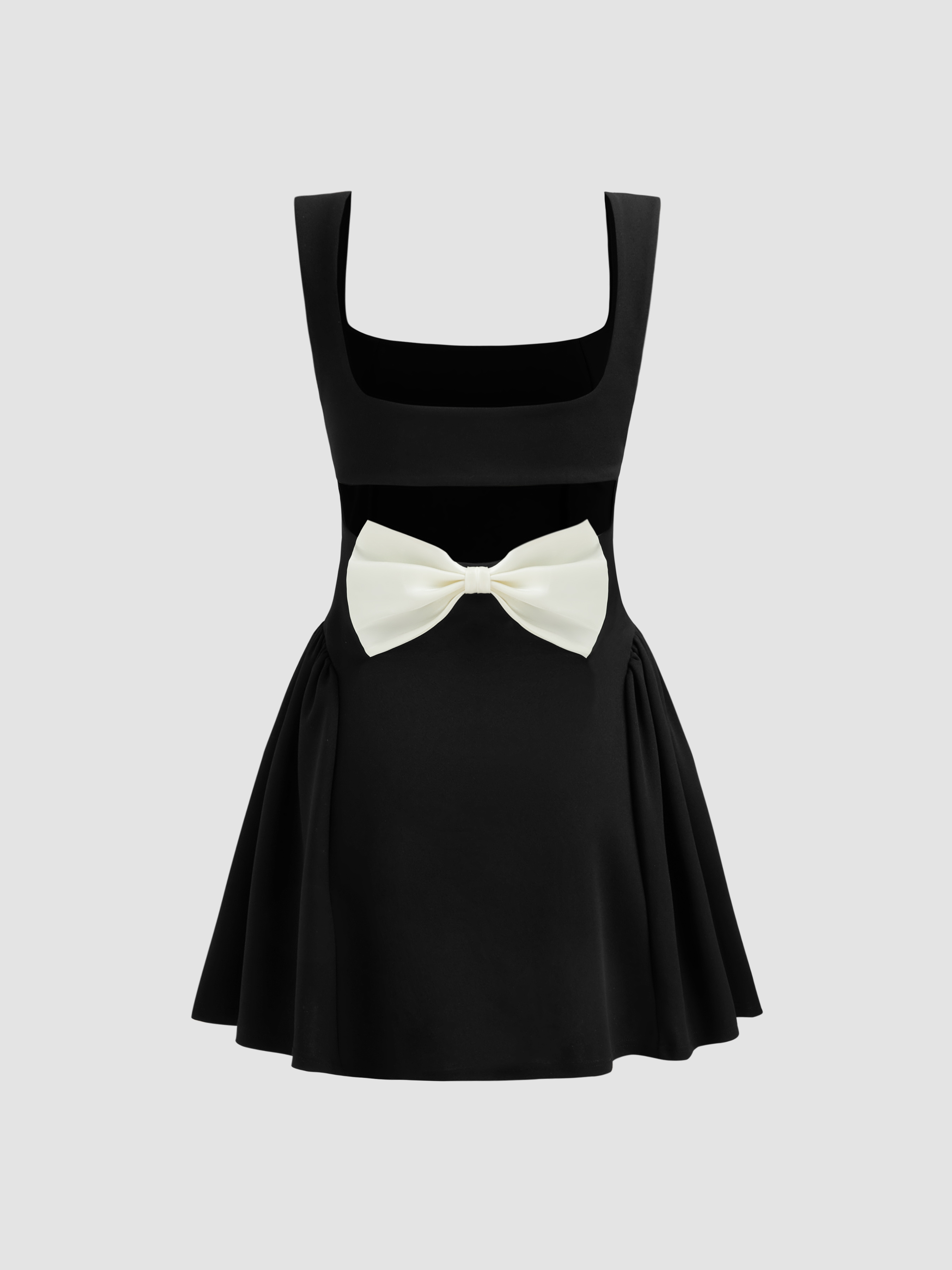 Woven Square Neck Solid Bowknot Pleated Zipper Mini Dress For Daily Casual Date