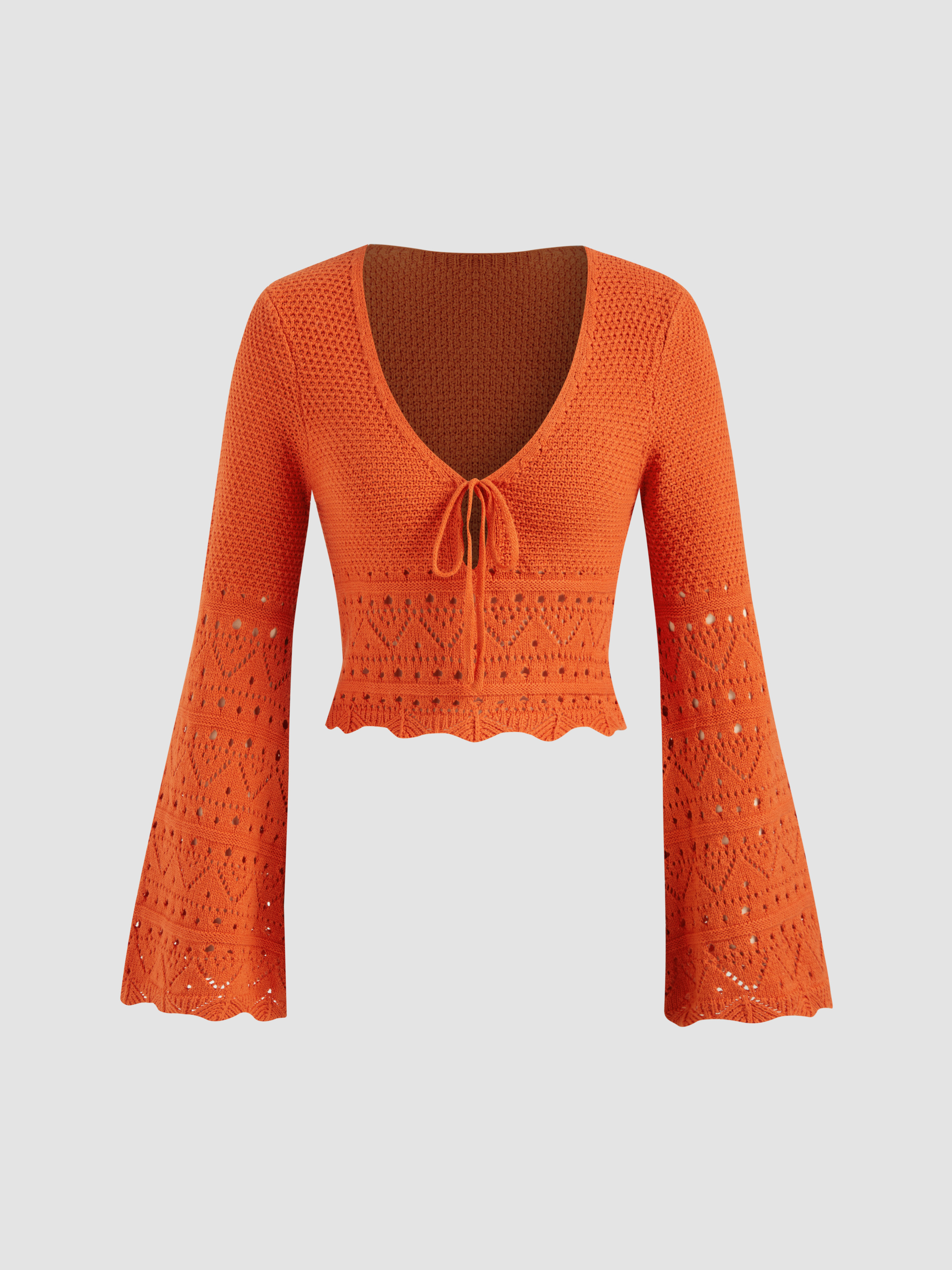 Knit Fabric Knit V-neck Solid Knotted Wave Trim Long Sleeve Top For Vacation