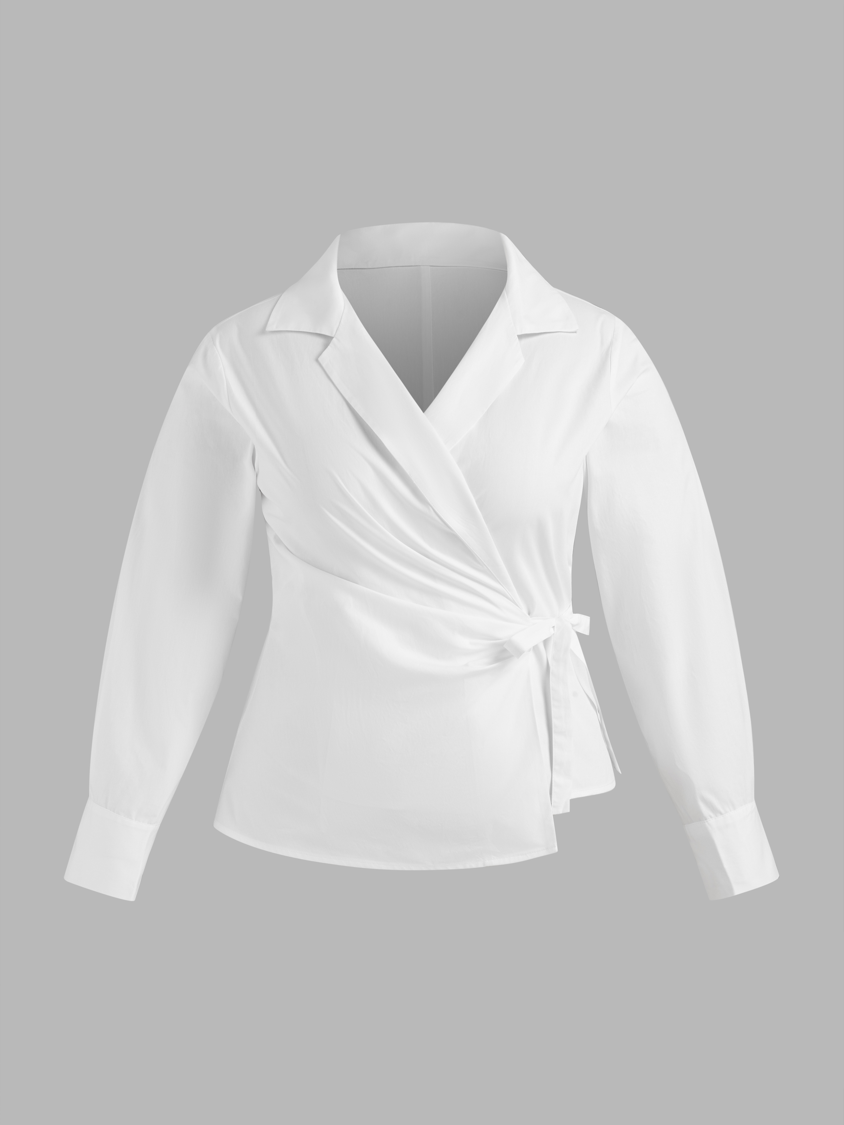 Woven 100% Cotton Collar Solid Knotted Long Sleeve Shirt Curve & Plus For Daily Casual Work