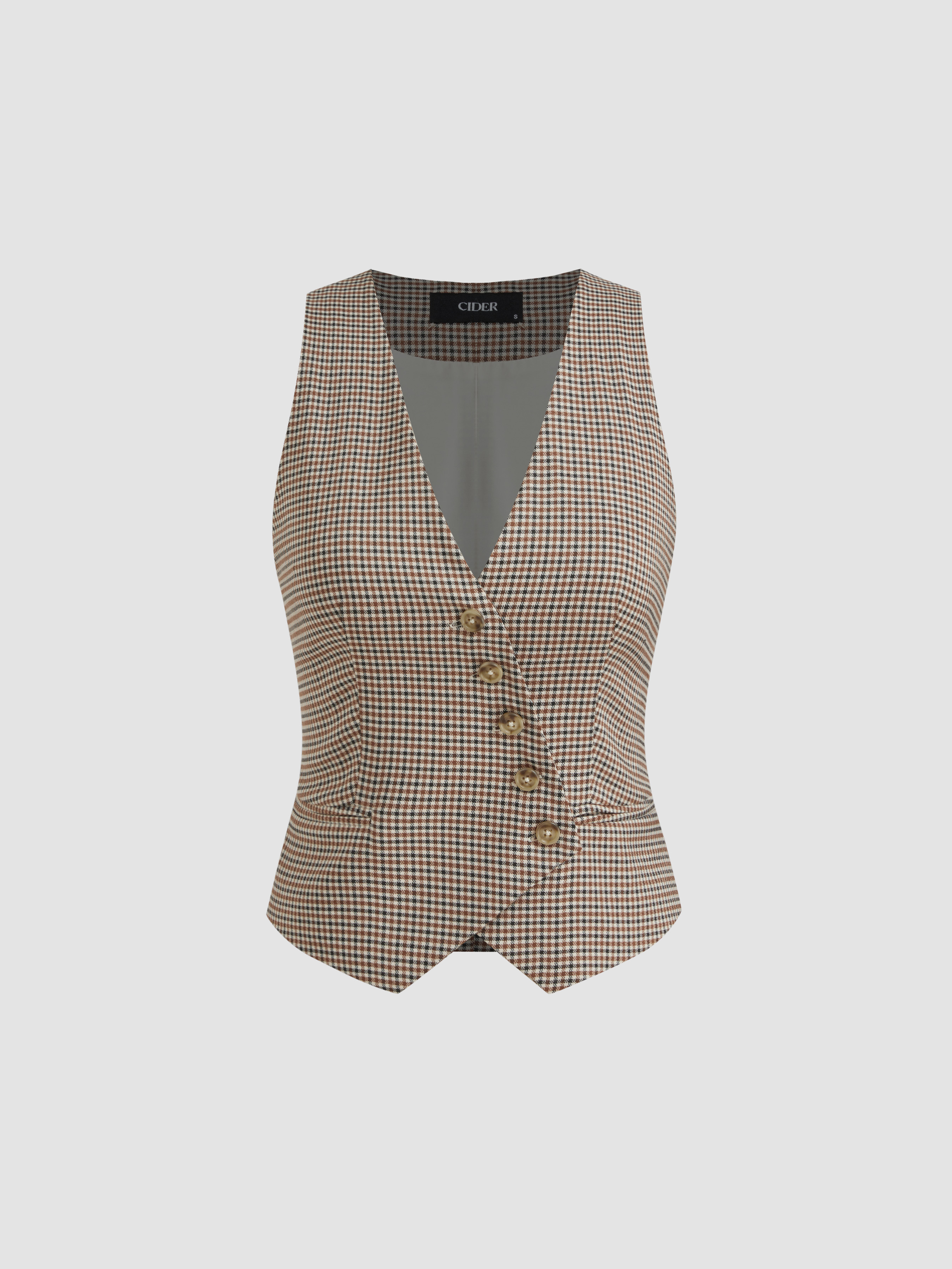 Woven V-neck Houndstooth Button Blazer Vest For Daily Casual Work