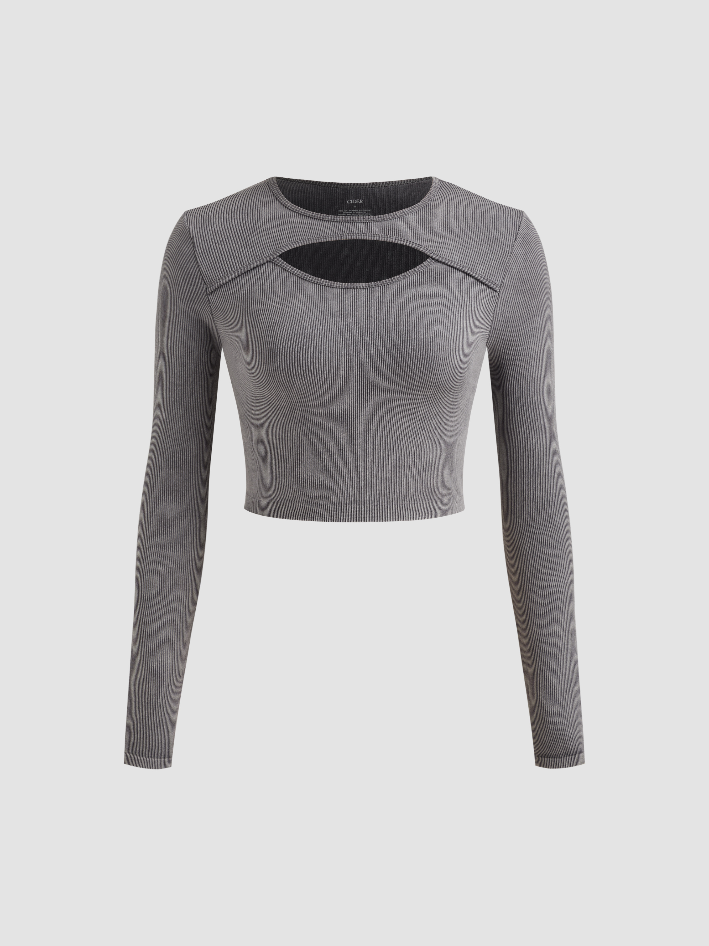 Rib Seamless Rib Round Neckline Solid Cut Out Long Sleeve Top For Date