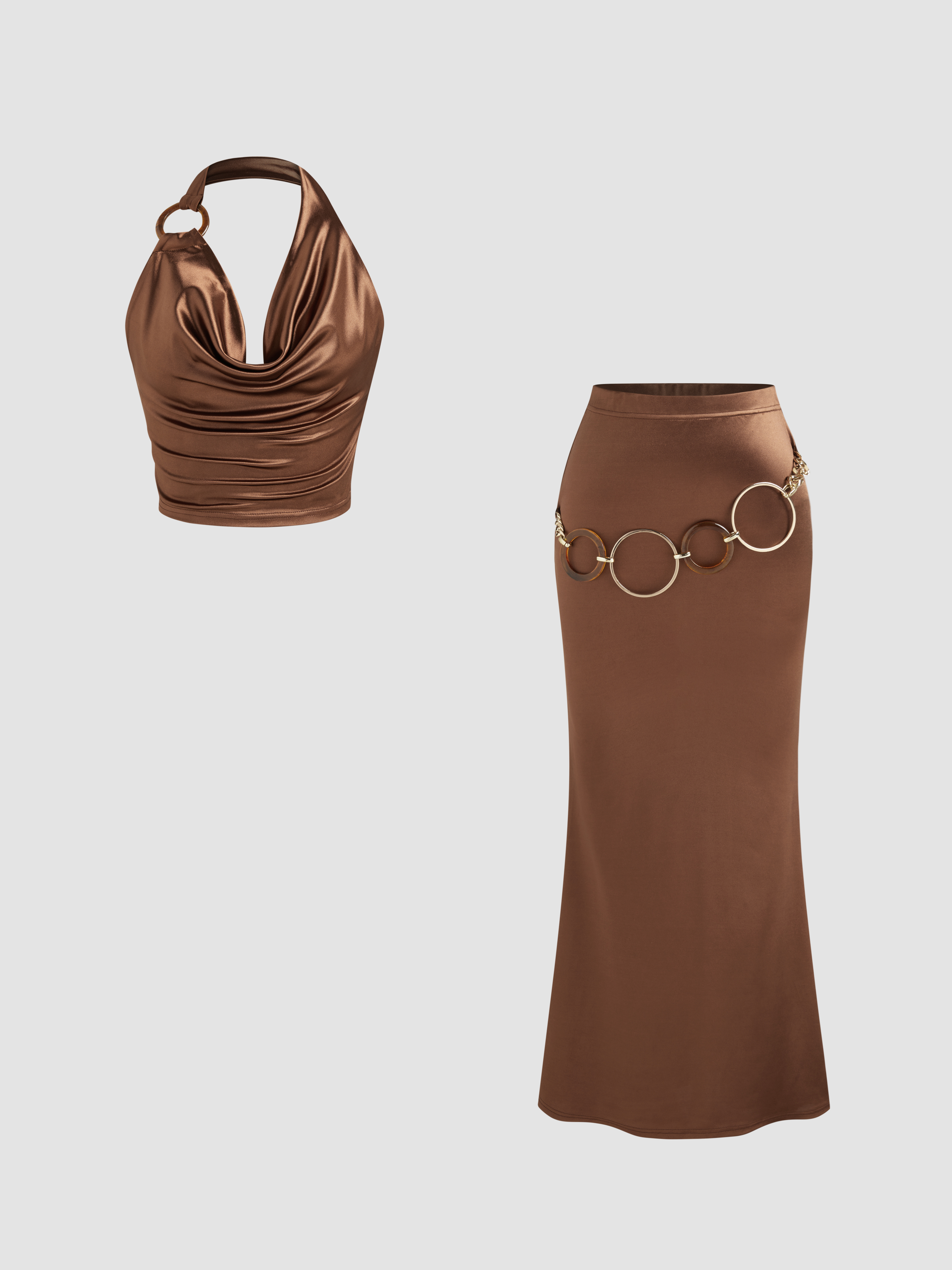 Jersey Jersey Halter Neckline Ruched Tank Top & Mid Rise Chain Decor ...