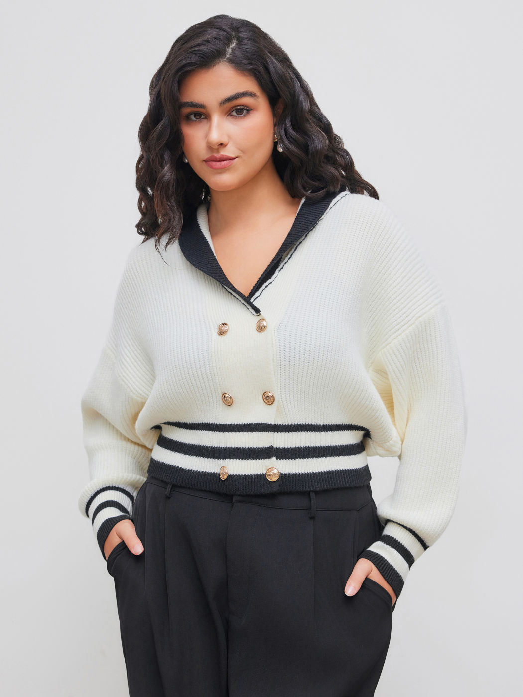 Knit Fabric Knitted Collar Solid Button Contrasting Binding Cardigan Curve & Plus For School ...