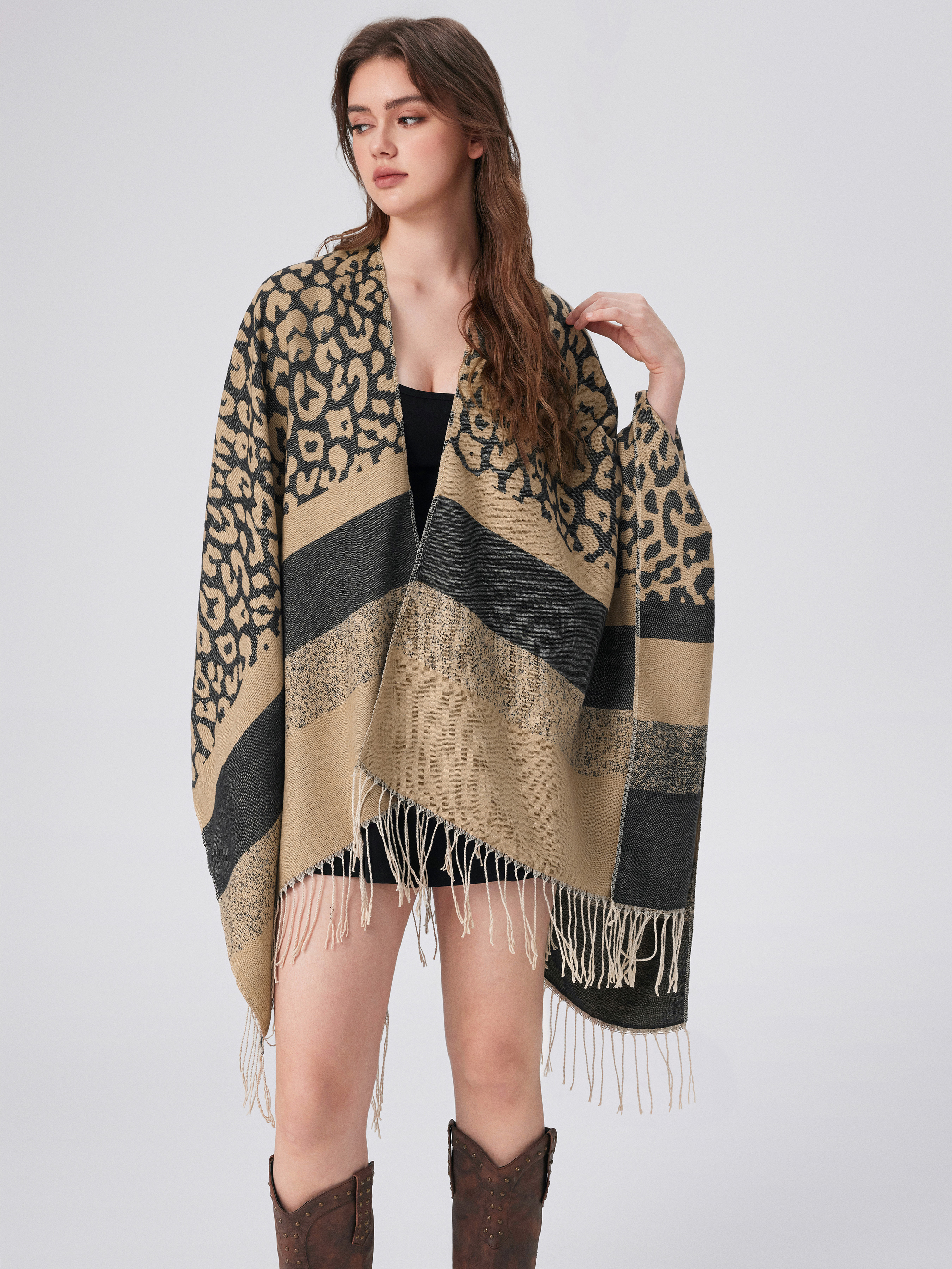 Polyester LEOPARD PRINT TASSEL WARM SHAWL For Daily Casual