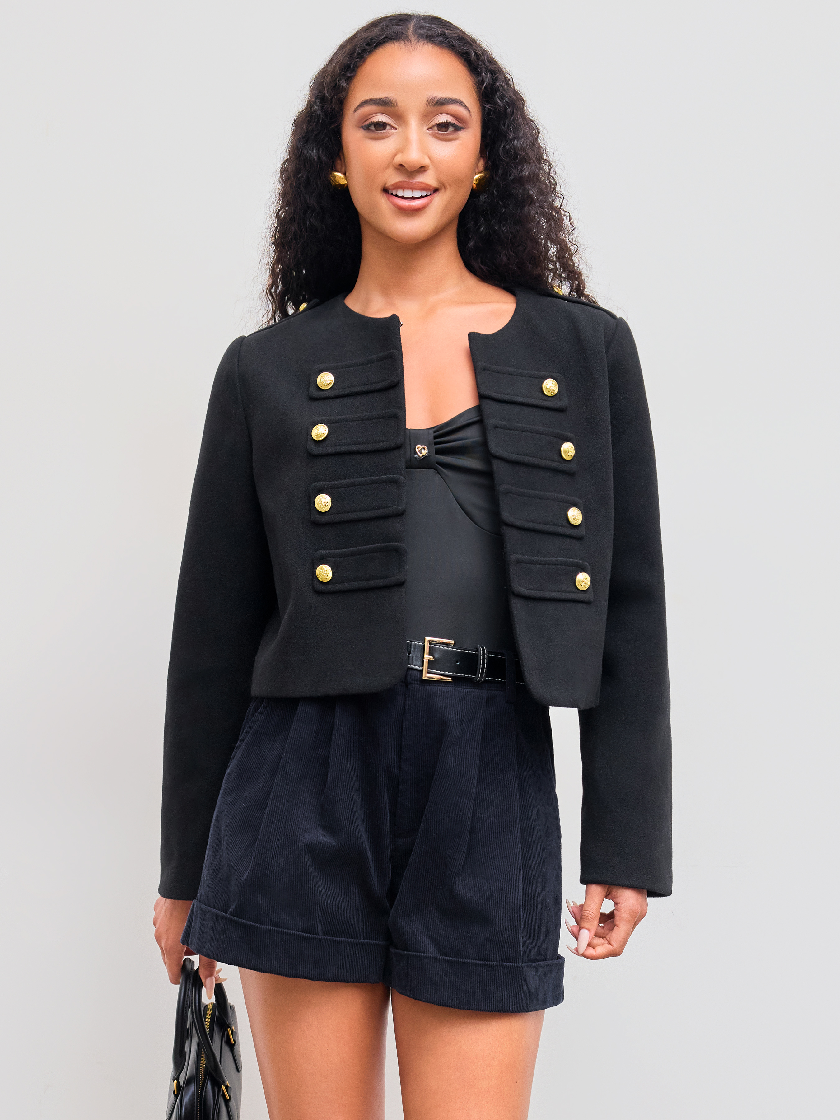 Tweed Tweed Collarless Solid Button Oversized Jacket For Daily Casual Work