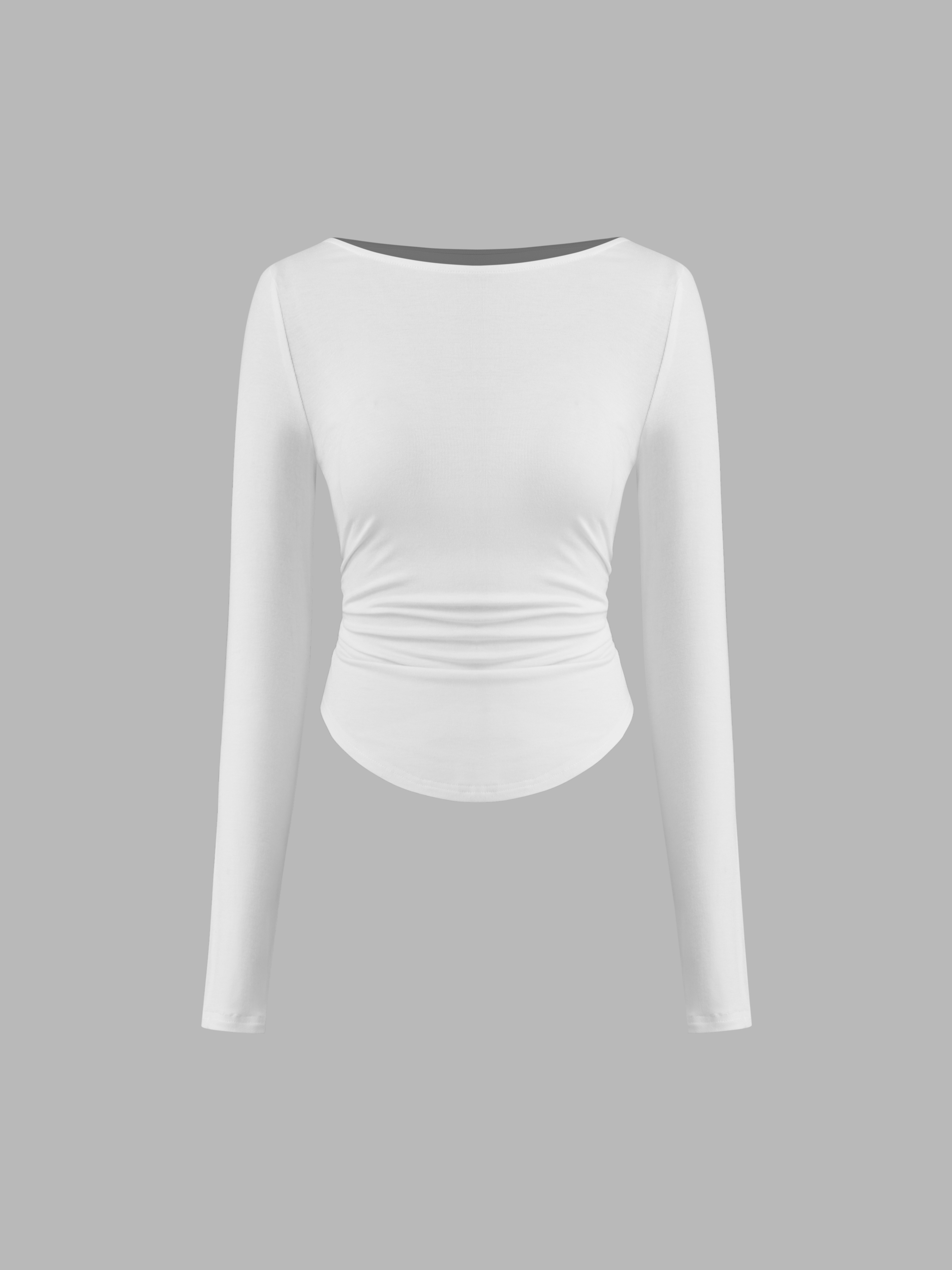 Basic & Thermal Knit Fabric Boat Neck Solid Ruched Long Sleeve Tee For Daily Casual