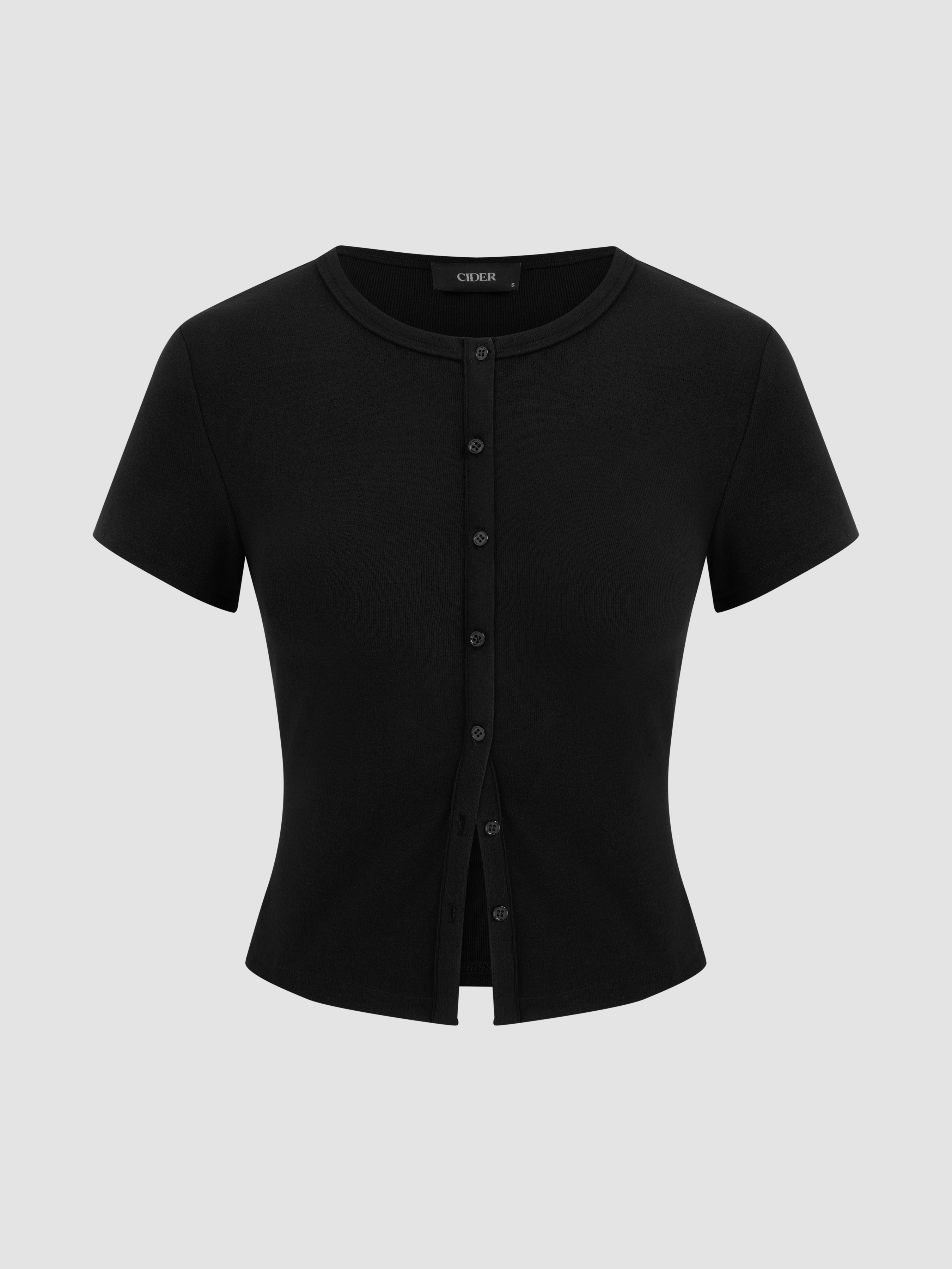 Knit Fabric Round Neckline Solid Button Short Sleeve Top For Daily Casual