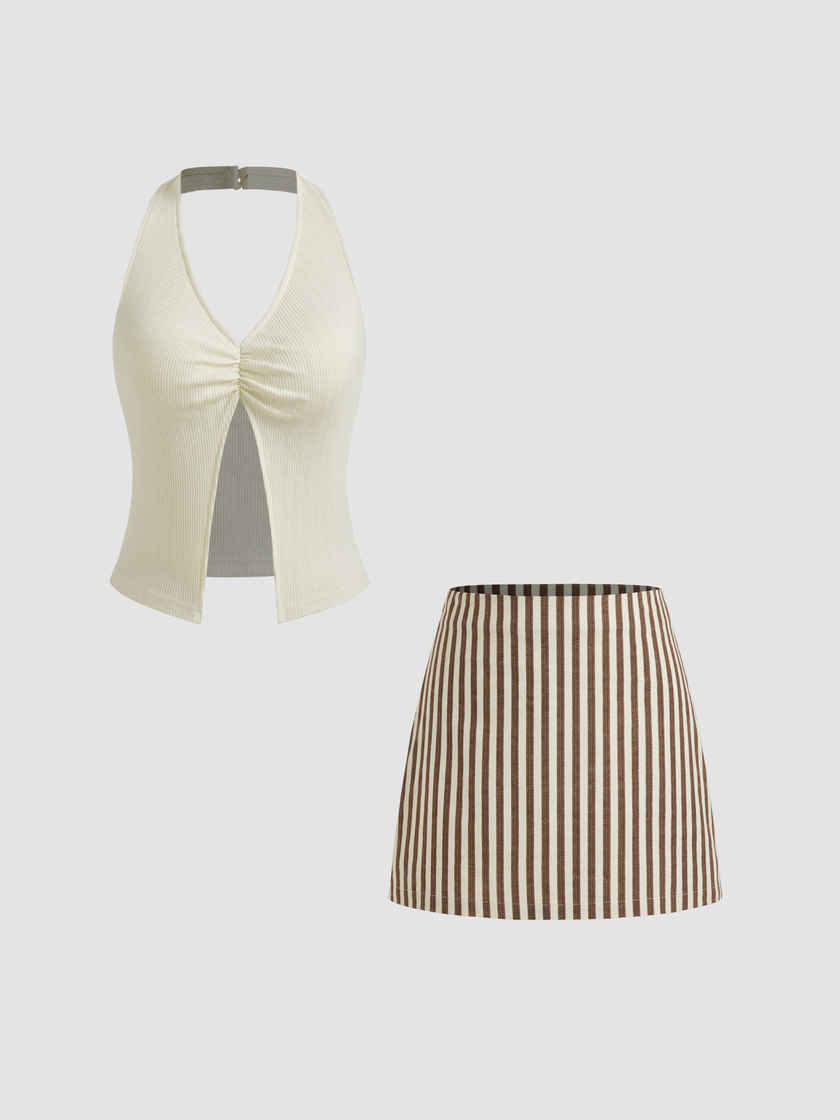 Knit Fabric V-neck Split Tank Top & Mid Rise Stripe Mini Skirt Set For Date