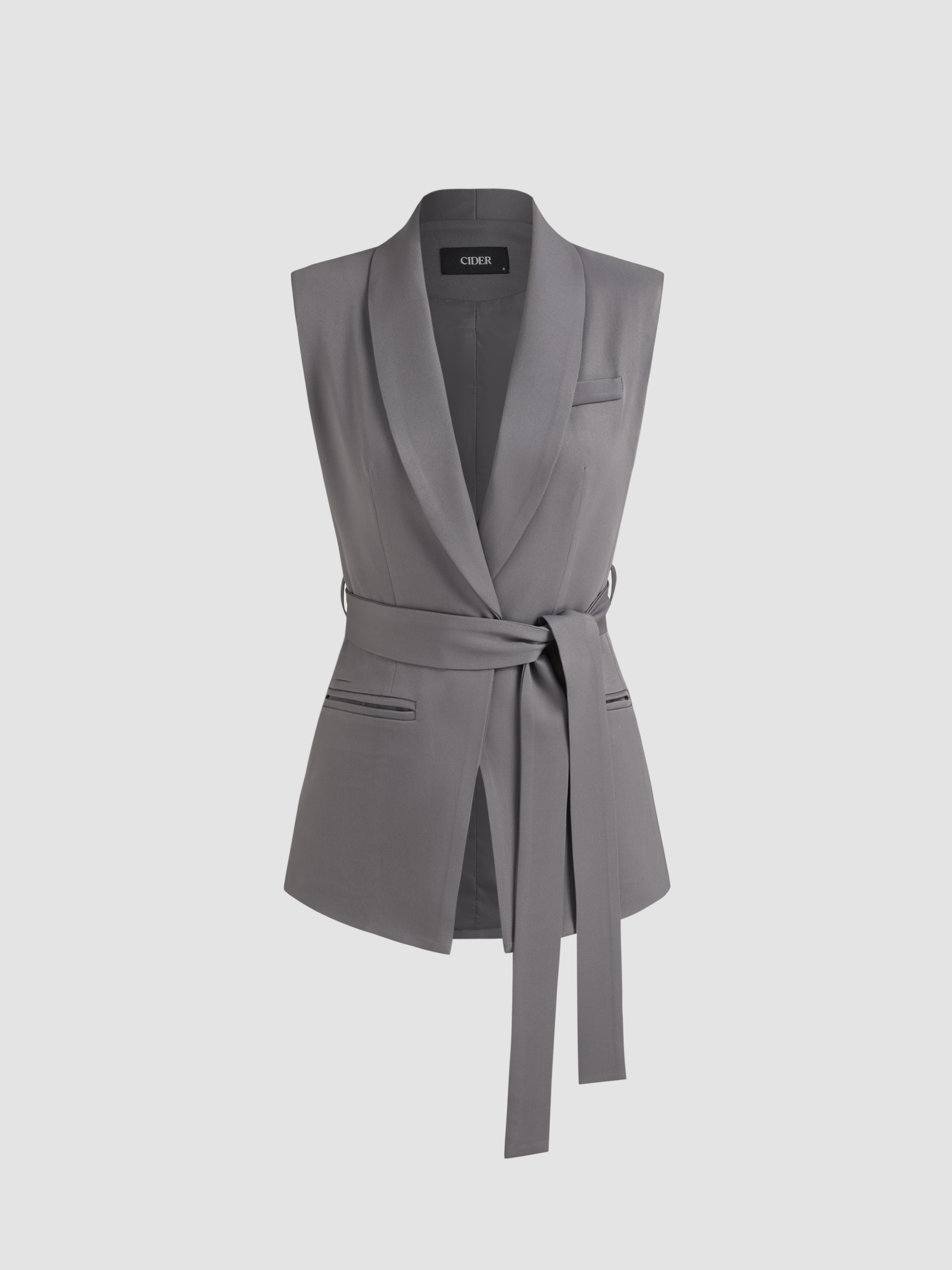 Woven Collar Solid Pocket Blazer Vest With Belt For Work