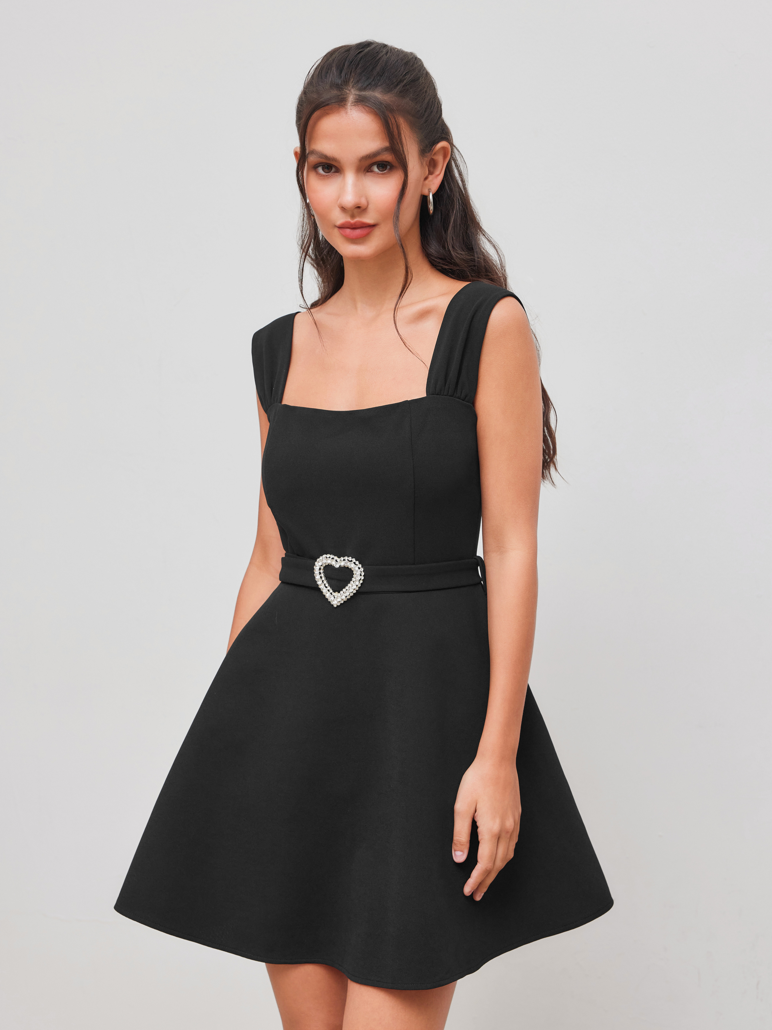 Knit Fabric Square Neck Solid Mini Dress With Heart Belt For Date