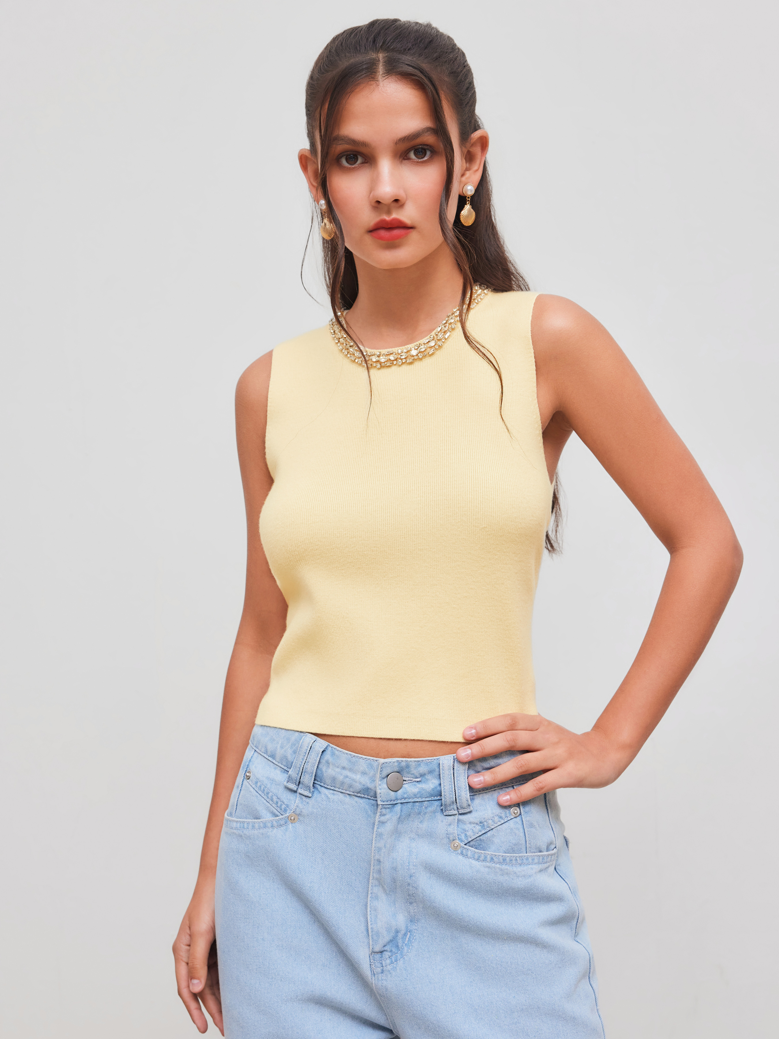 Knit Fabric Knit Round Neckline Solid Rhinestone Tank Top For Work