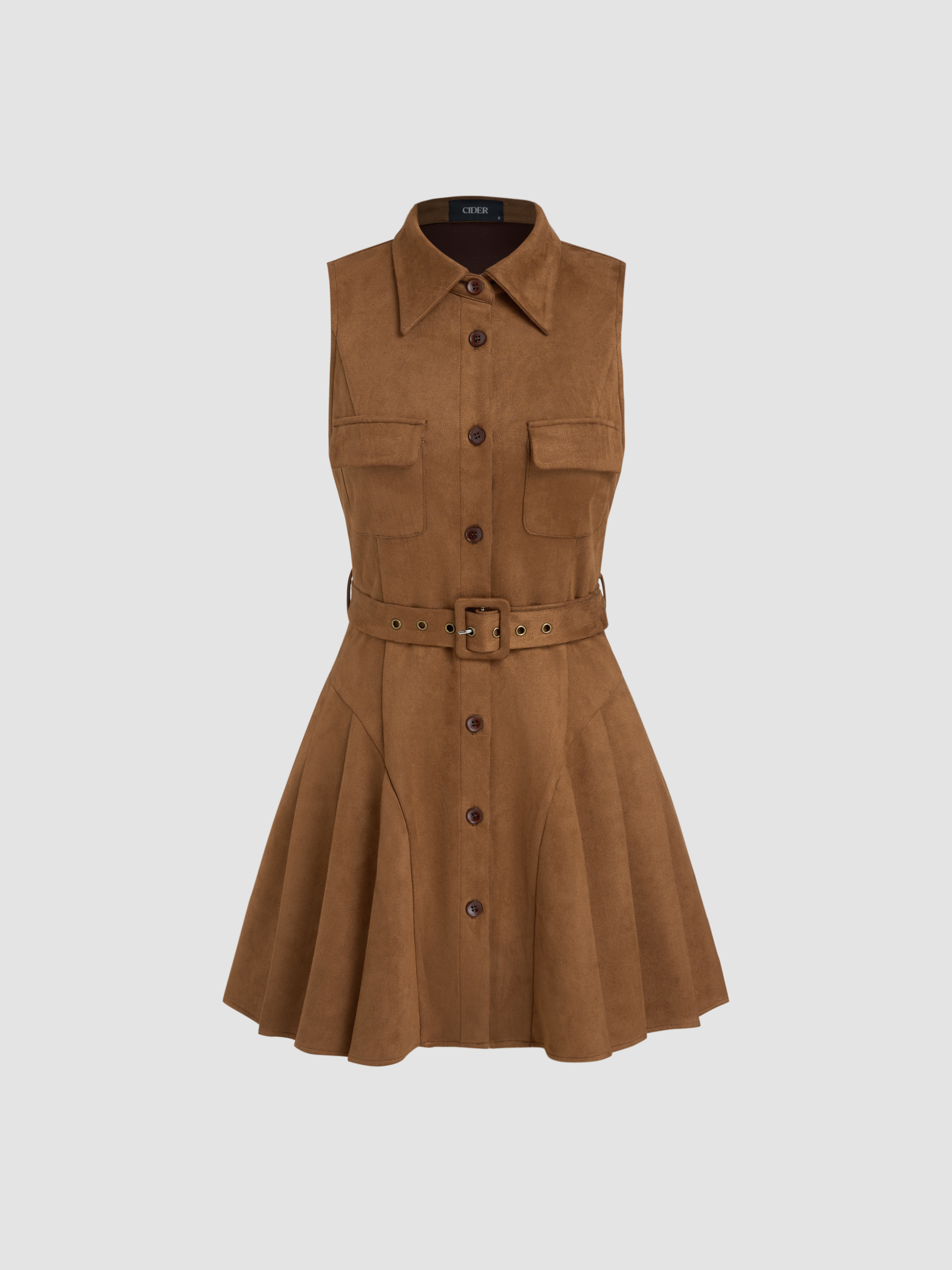 Suede Suede Collar Solid Pocket Button Ruffle Mini Dress With Belt For Vacation