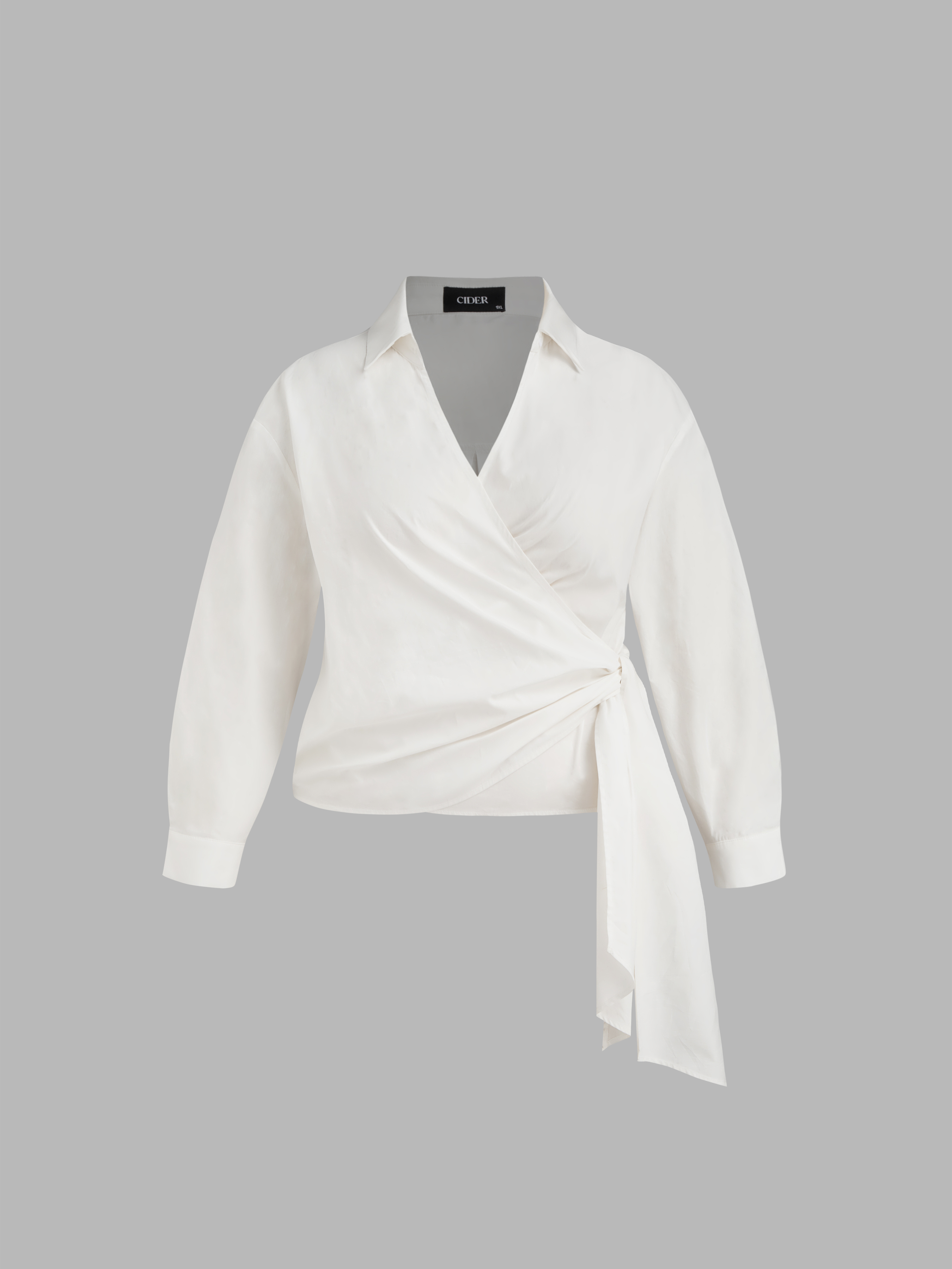 Woven 100% Cotton Collar Solid Wrap Bowknot Oversized Long Sleeve Blouse Curve & Plus For Work