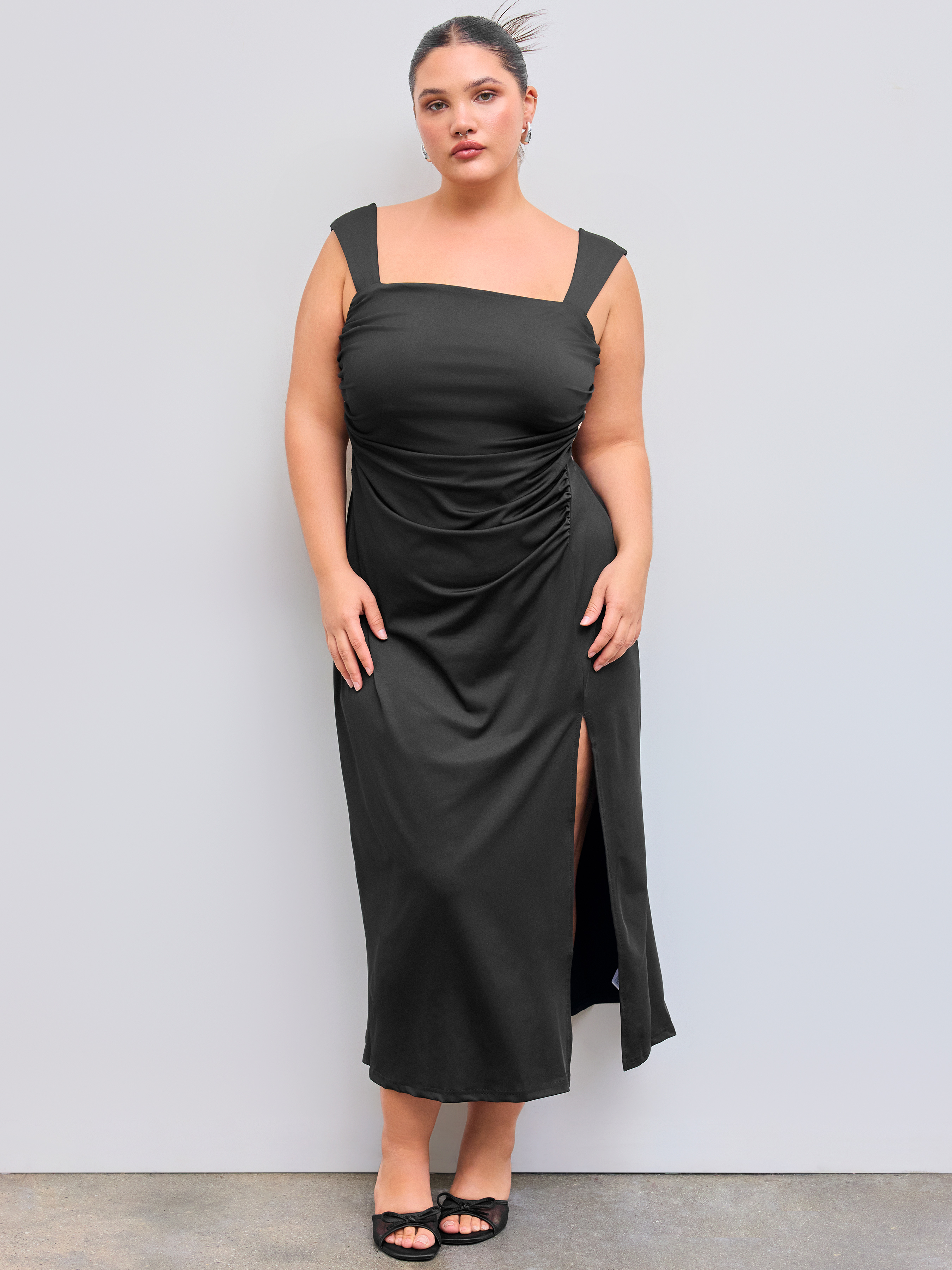 Knit Fabric Square Neckline Ruched Split Bowknot Maxi Dress Curve ...