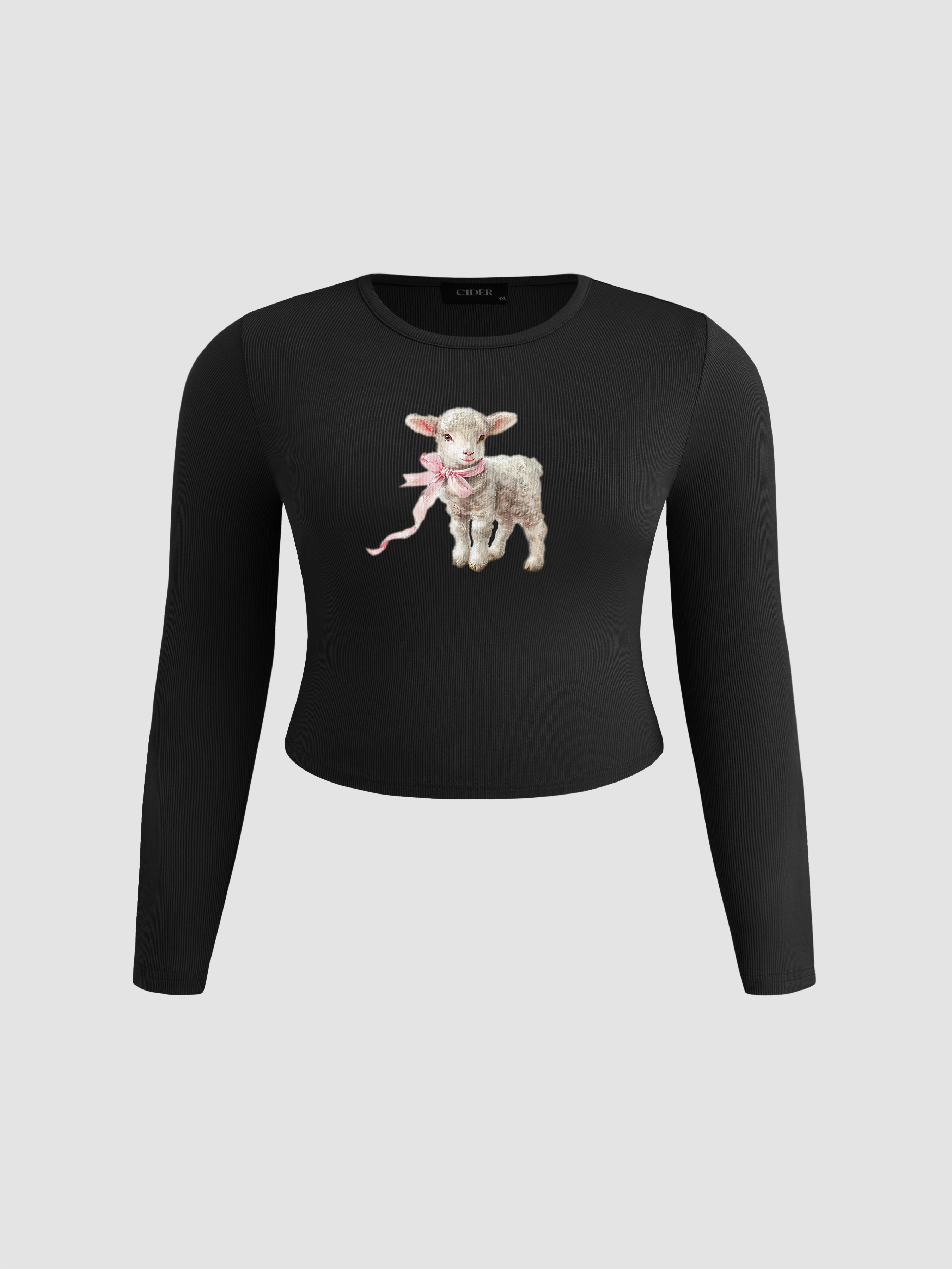 Knit Fabric Round Neckline Sheep Graphic Long Sleeve Tee Curve & Plus ...