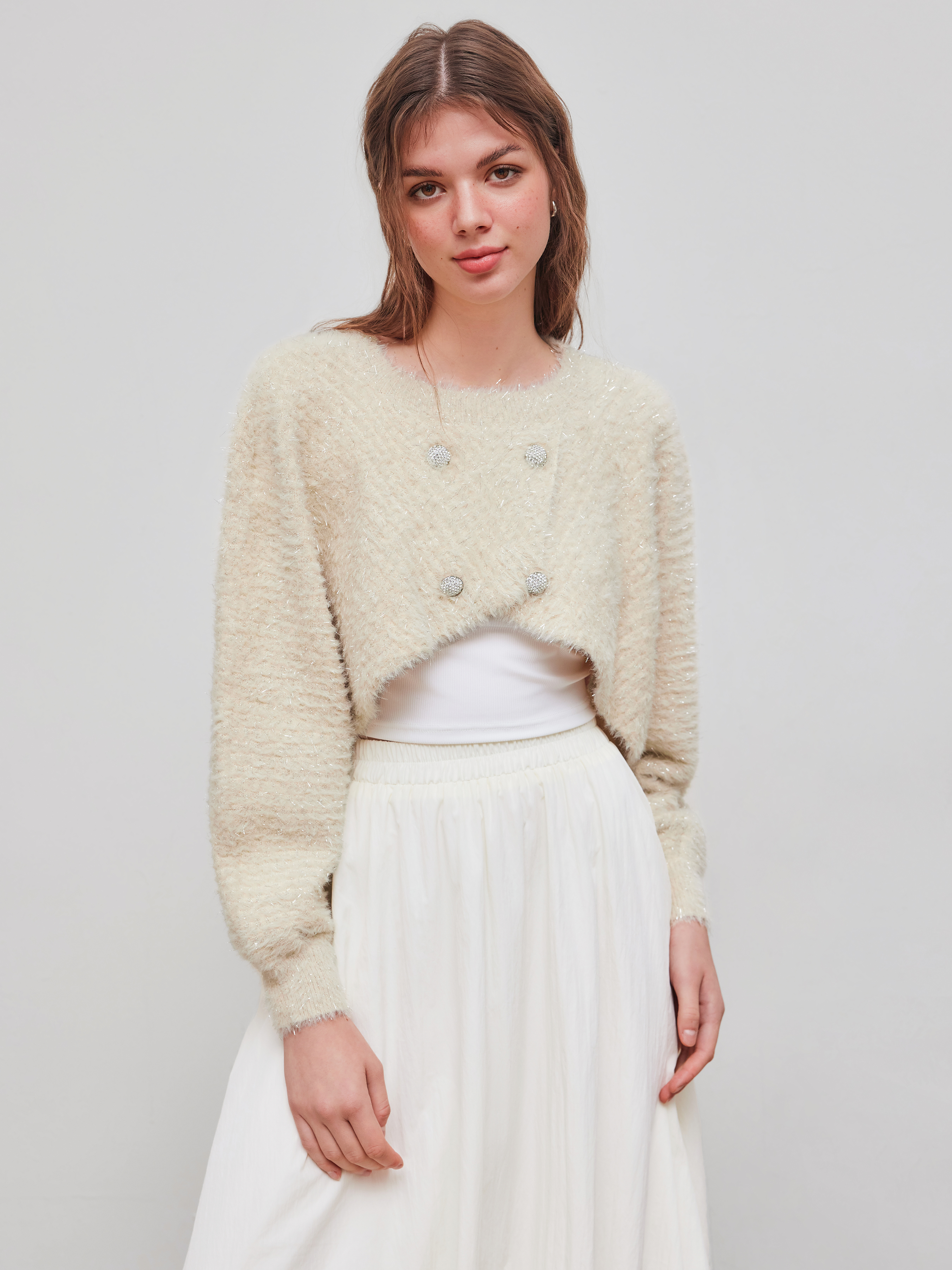 Knit Fabric Fuzzy Round Neck Button Detail Shrug For Daily Casual