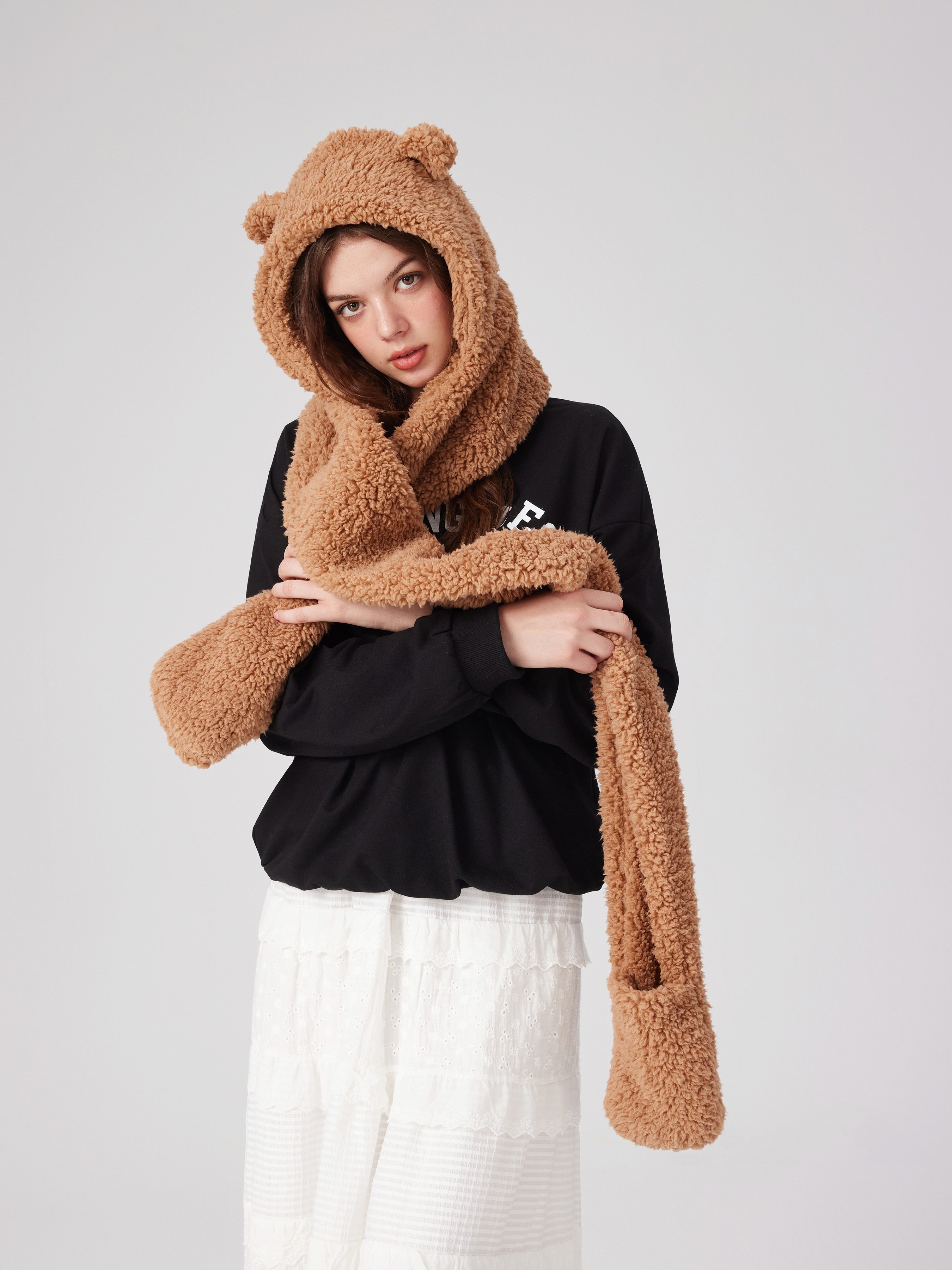 Cotton Blends BEAR EAR KNITTED HOODED SCARF For Daily Casual