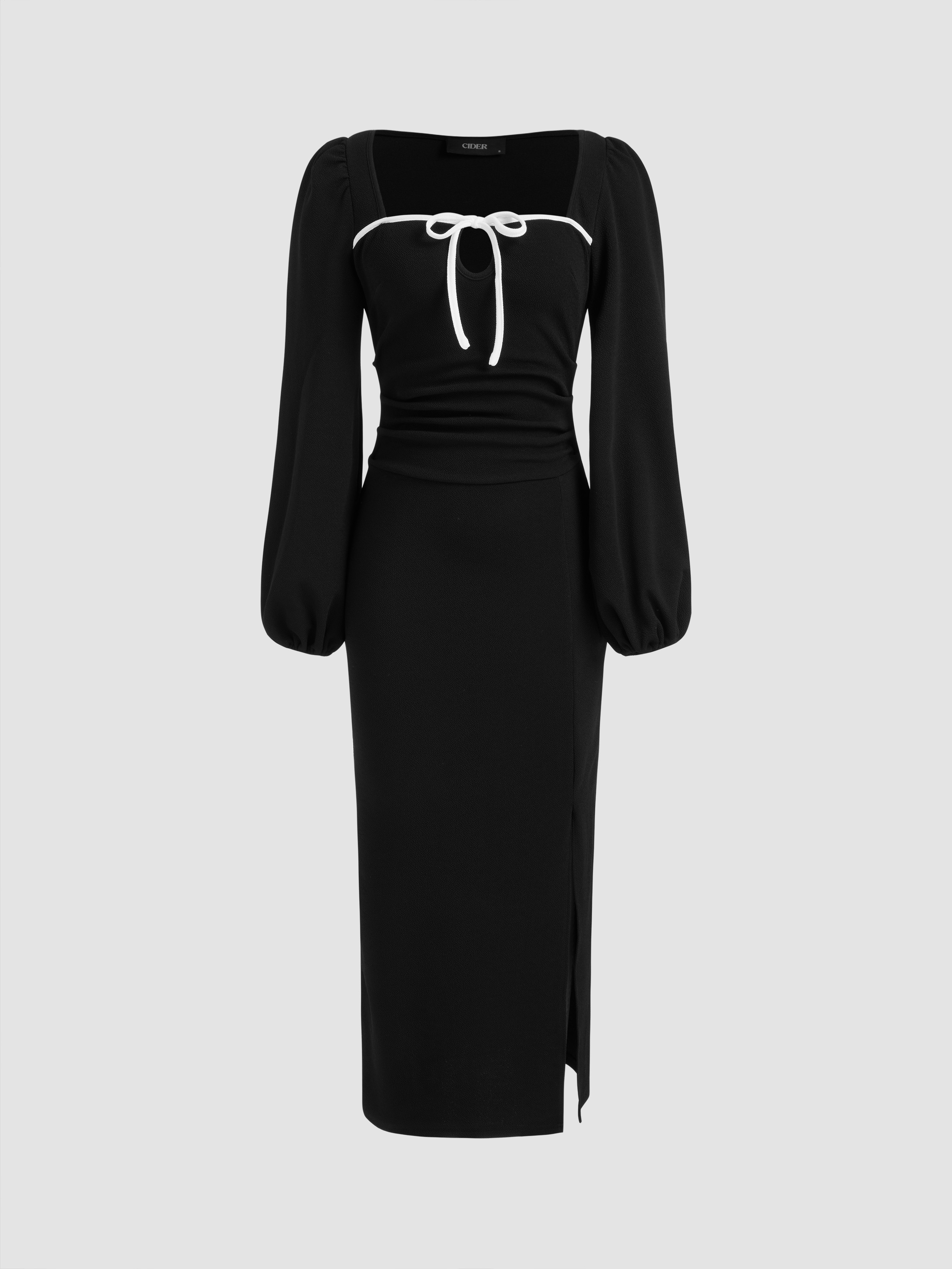 Woven Square Neck Solid Split Ruched Puff Long Sleeve Maxi Dress For Date
