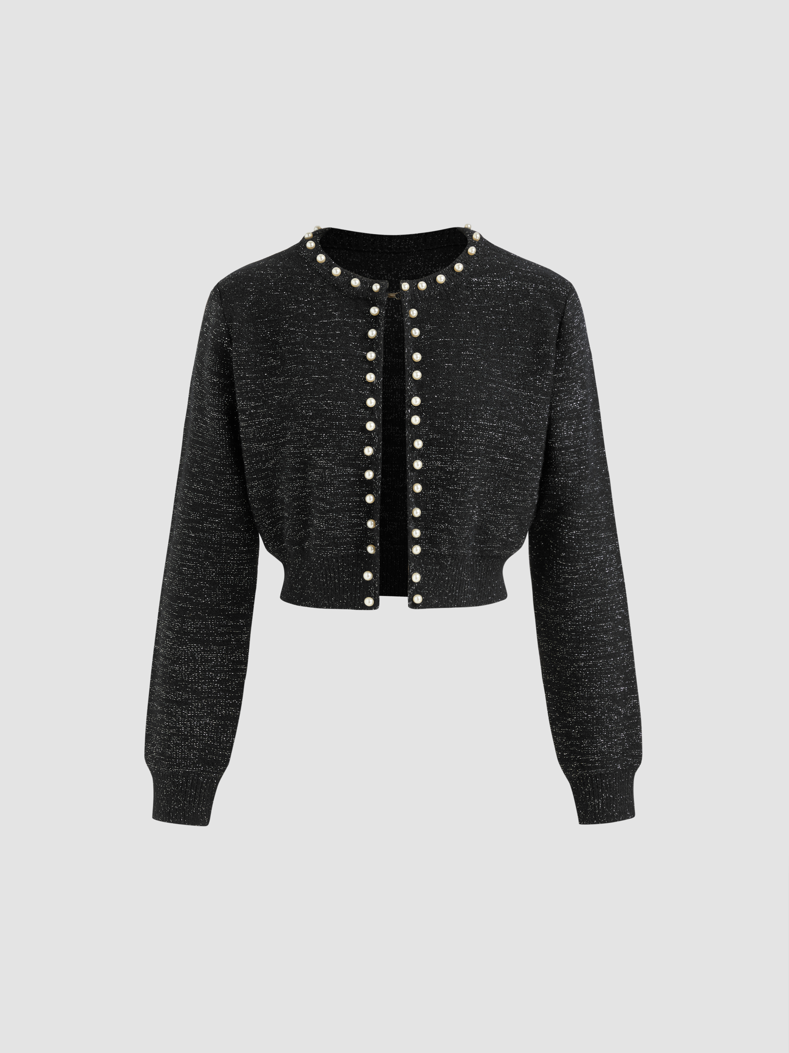 Knit Fabric Round Neckline Pearl Cardigan For Work