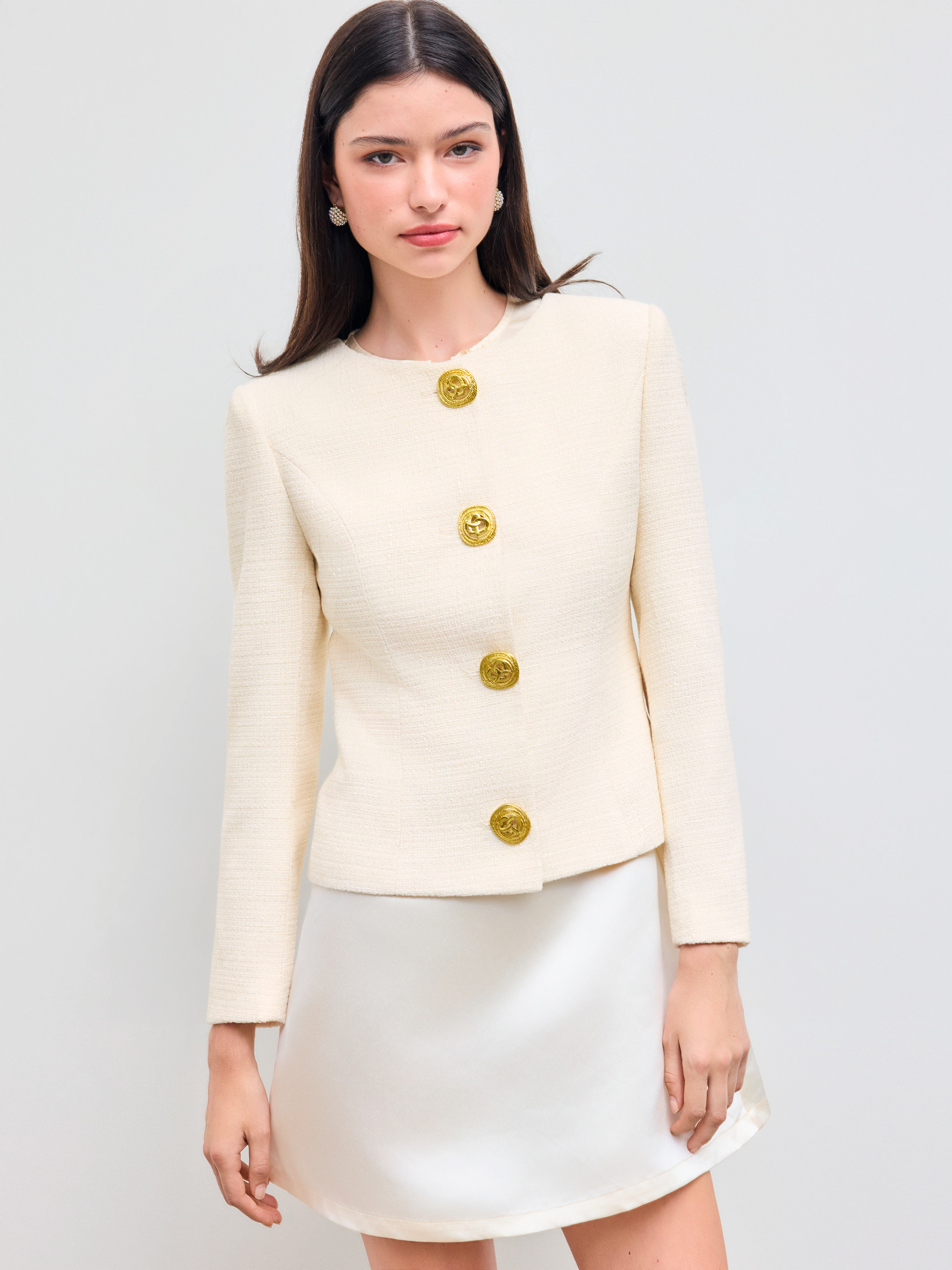 Tweed Tweed Round Neckline Solid Button Jacket For Work