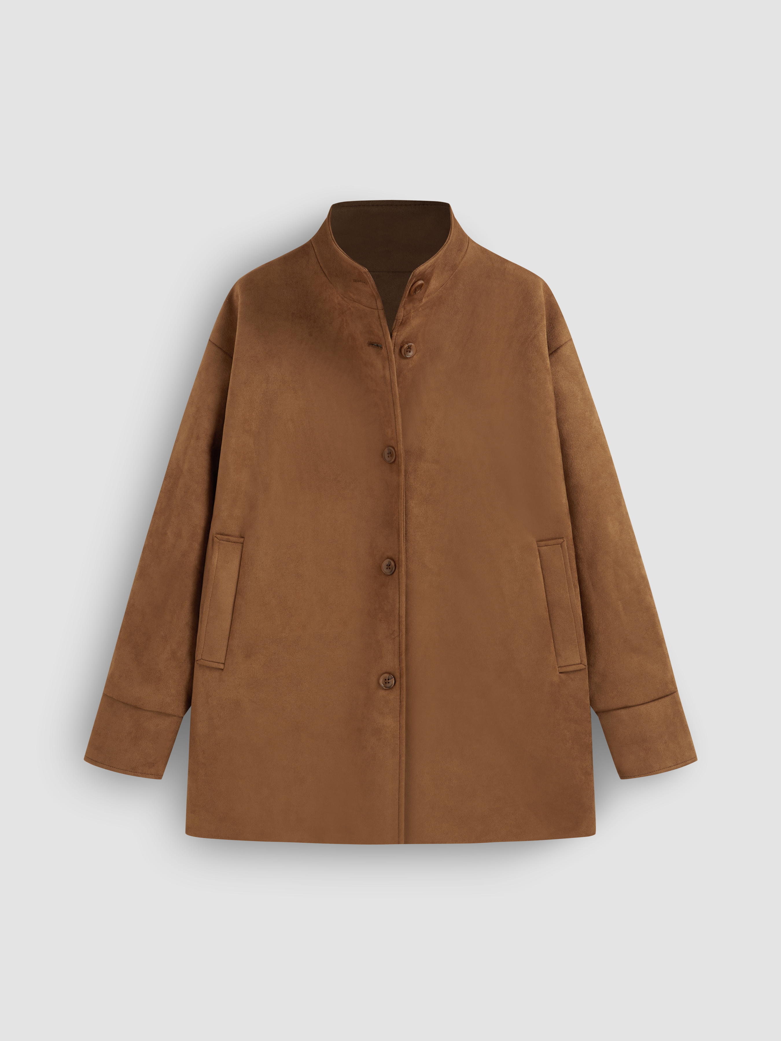 Suede Suede High Neck Solid Pocket Oversized Jacket For Daily Casual